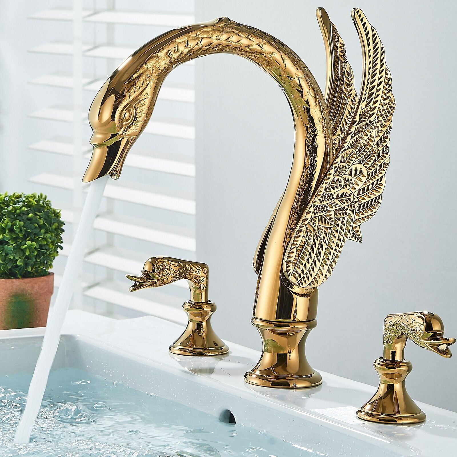 Zovajonia Gold Finish Basin Faucet, Double Crystal Knobs, 3 Holes Sink ...
