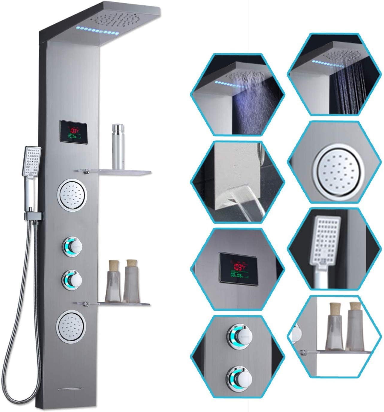 Zovajonia LED Shower Panel Tower System, 5-Functions, Stainless Steel ...