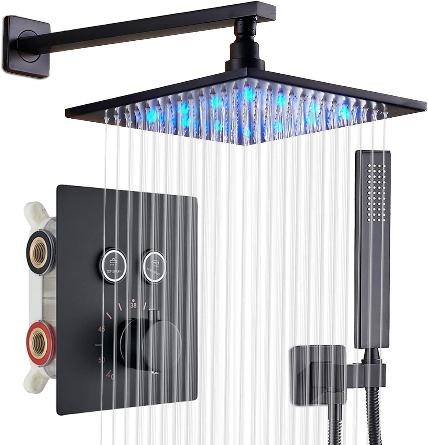 Zovajonia Matte Black Shower Faucet Set, 12“ LED Rain Shower Head ...