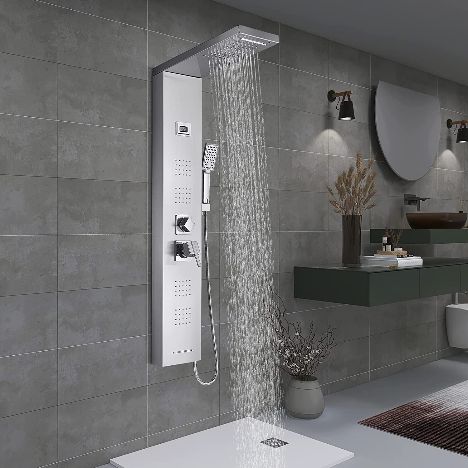 Black LED Shower Panel Tower Rain Shower System Massage Body Jets ...
