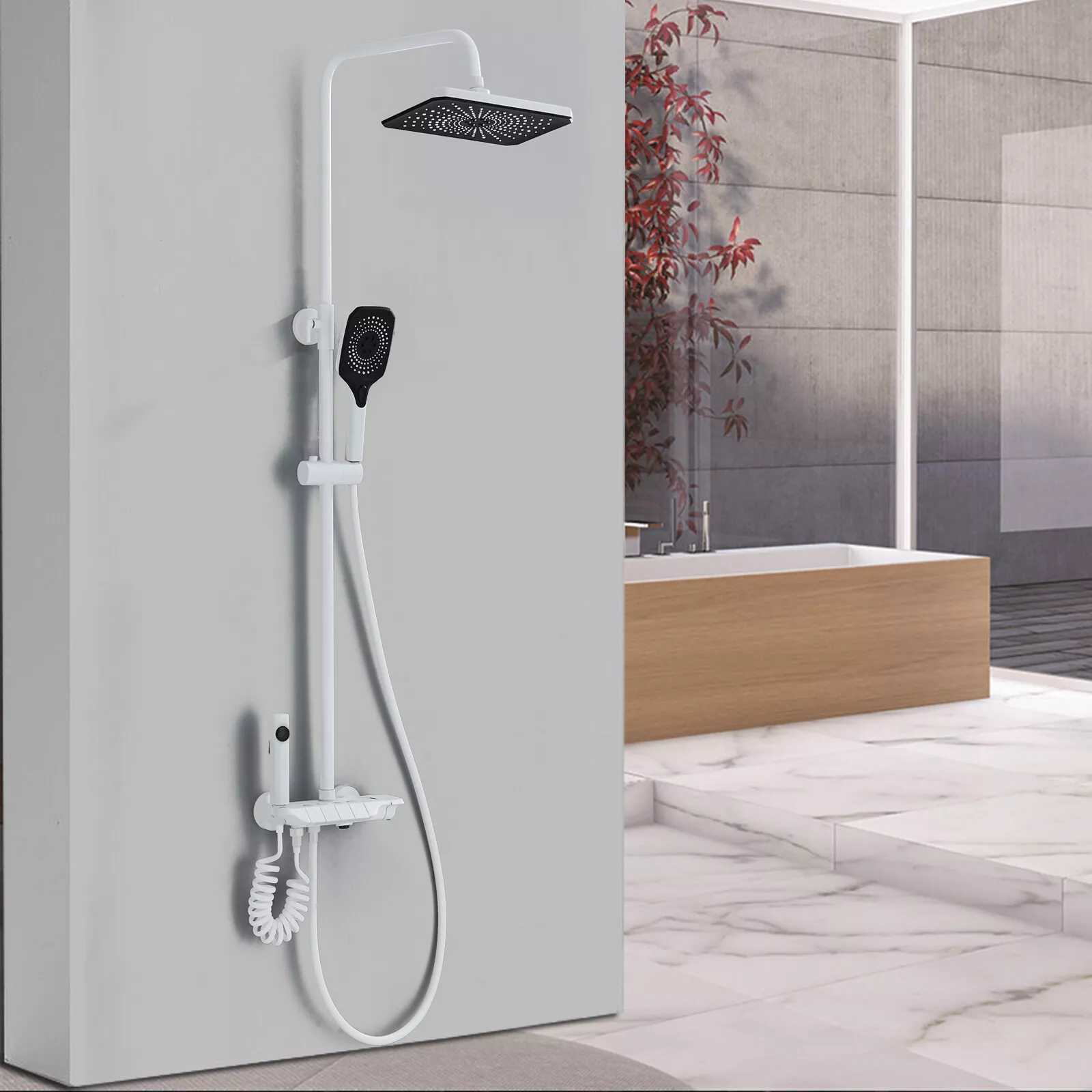 Zovajonia White Shower System Exposed Rainfall Shower Faucet 4 Function ...