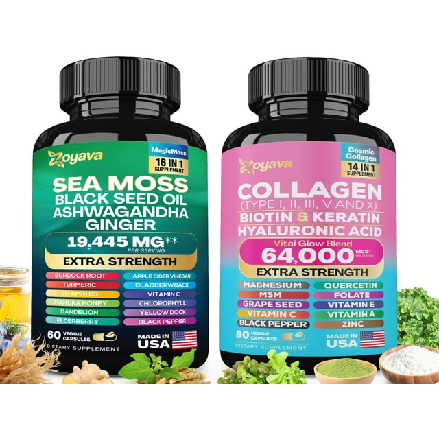 Zoyava Wellness Bundle: Sea Moss, Collagen, Black Seed Oil, Ashwagandha, Ginger, Biotin ...