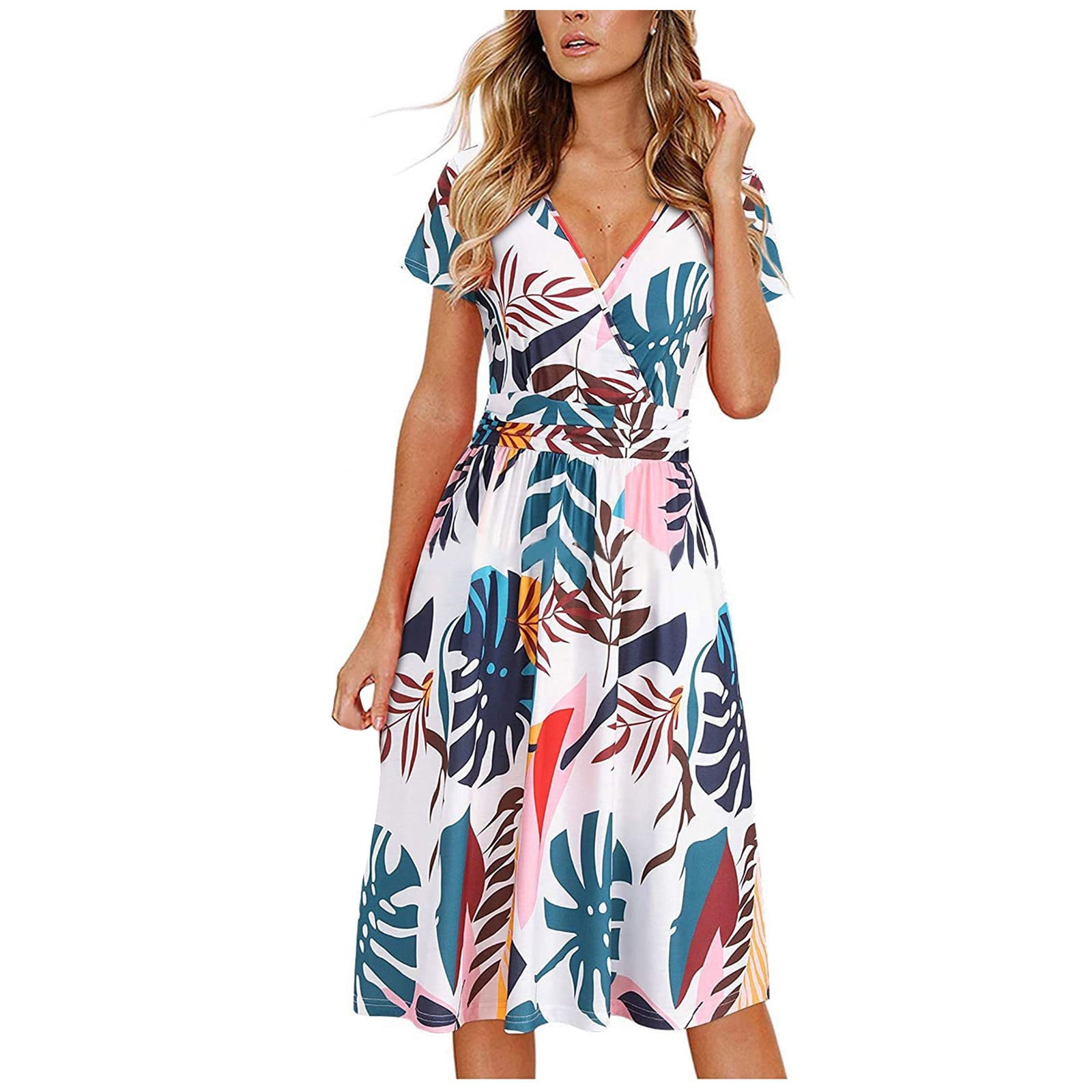 Ashirexll Dresses For Women Casual V Neck Short Sleeve Summer Flower