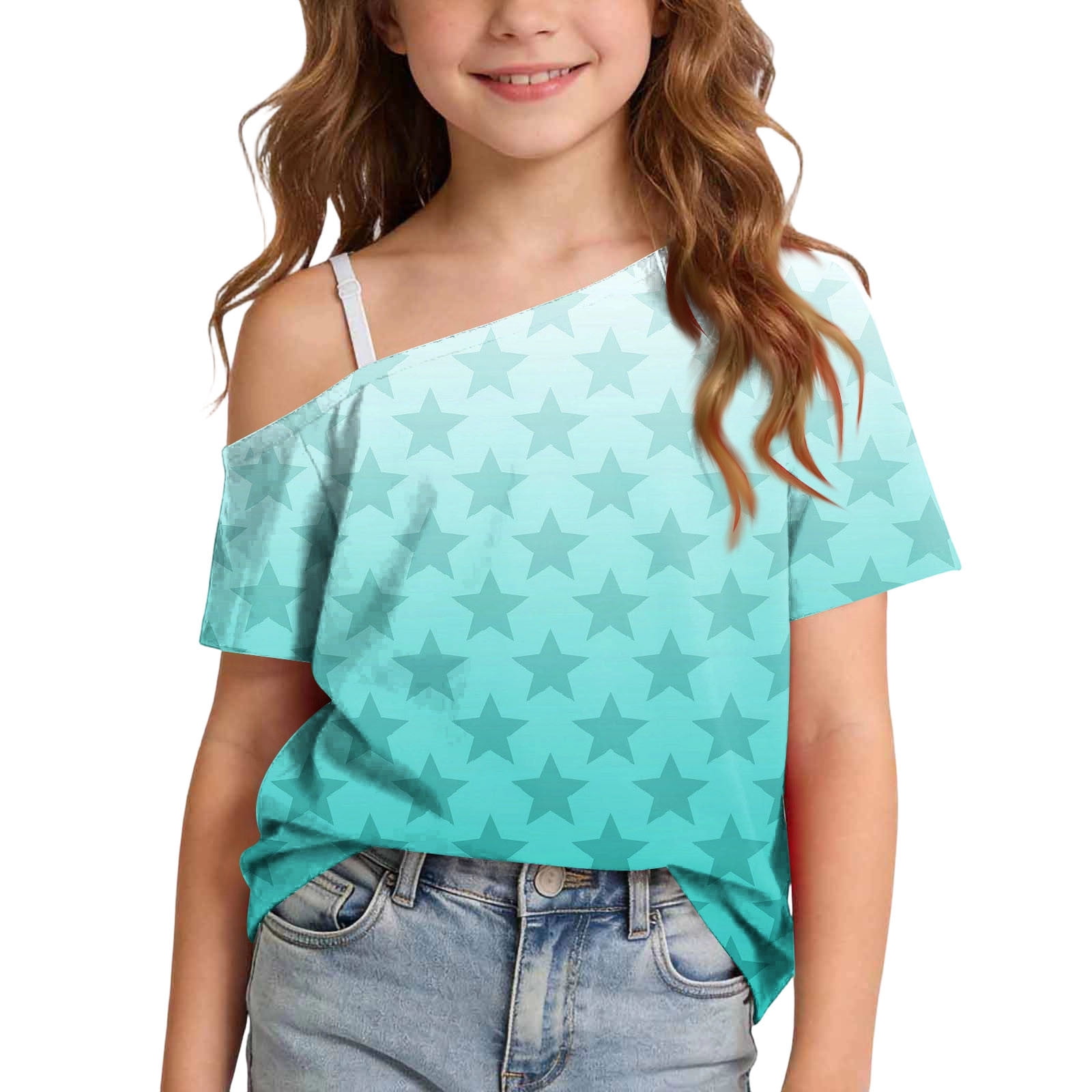 Zpanxa Girls T Shirts Girls Summer One Shoulder Short Sleeve T Shirts ...
