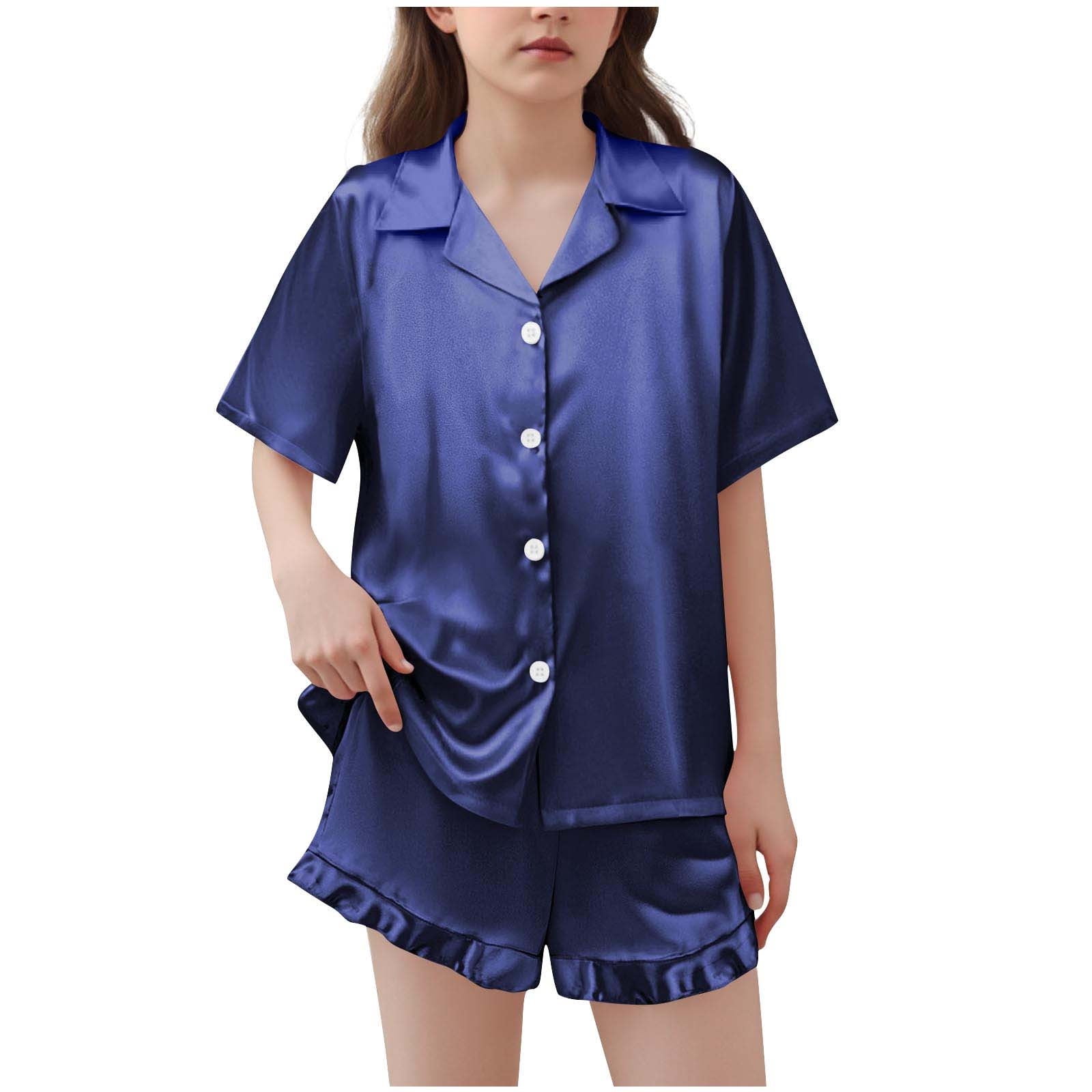 Zpanxa Kids Satin Trim Pajama Set 5-15 Years Short Sleeve Button Down ...