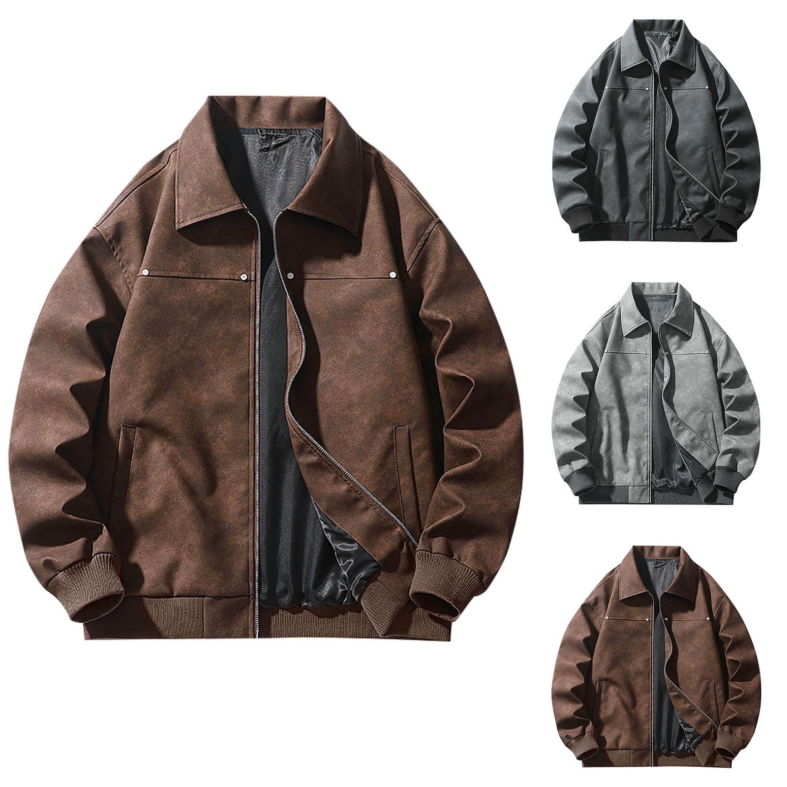 Zpanxa Men's Leather Motorcycle Jacket Flip Collar Solid Color ...