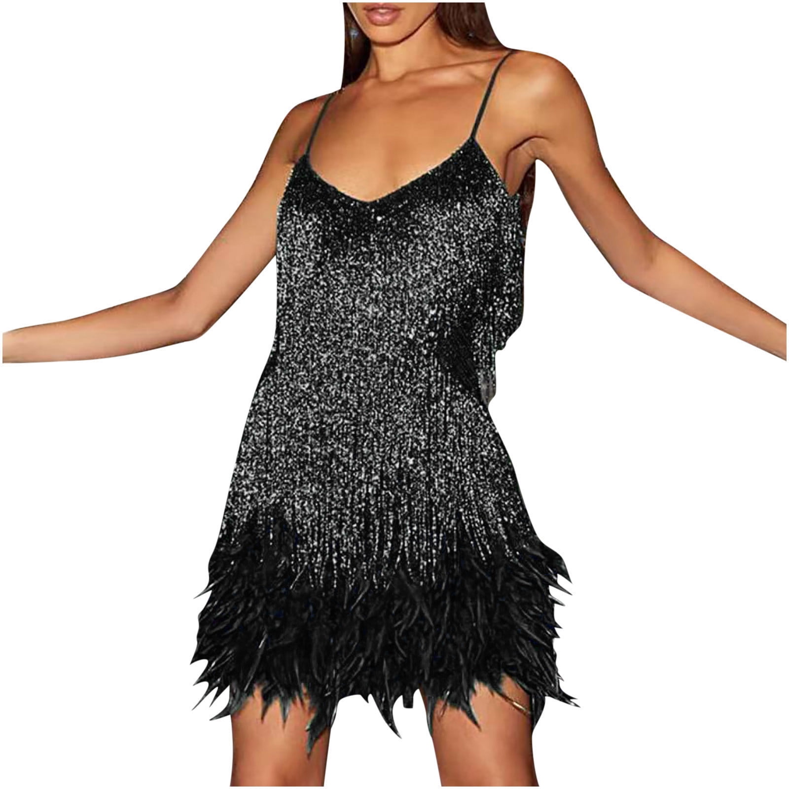 Zpanxa Sparkly Dresses for Women Glitter Sequin Dress Fringe Flapper ...