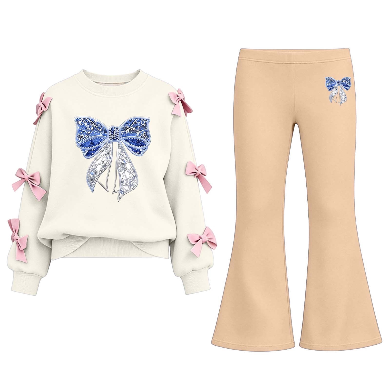 Zpanxa Toddler Girl Outfit Sets Bow Print Long Sleeve Crew Neck Top and ...