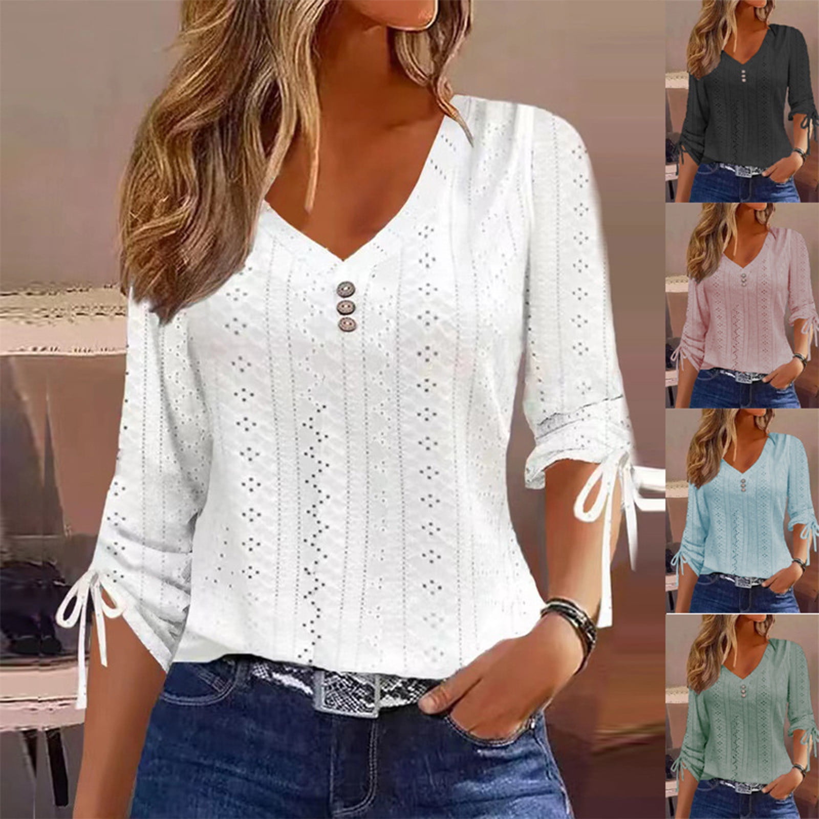 Zpanxa Women's Button Down Blouse Long Sleeve V Neck Casual Shirt ...