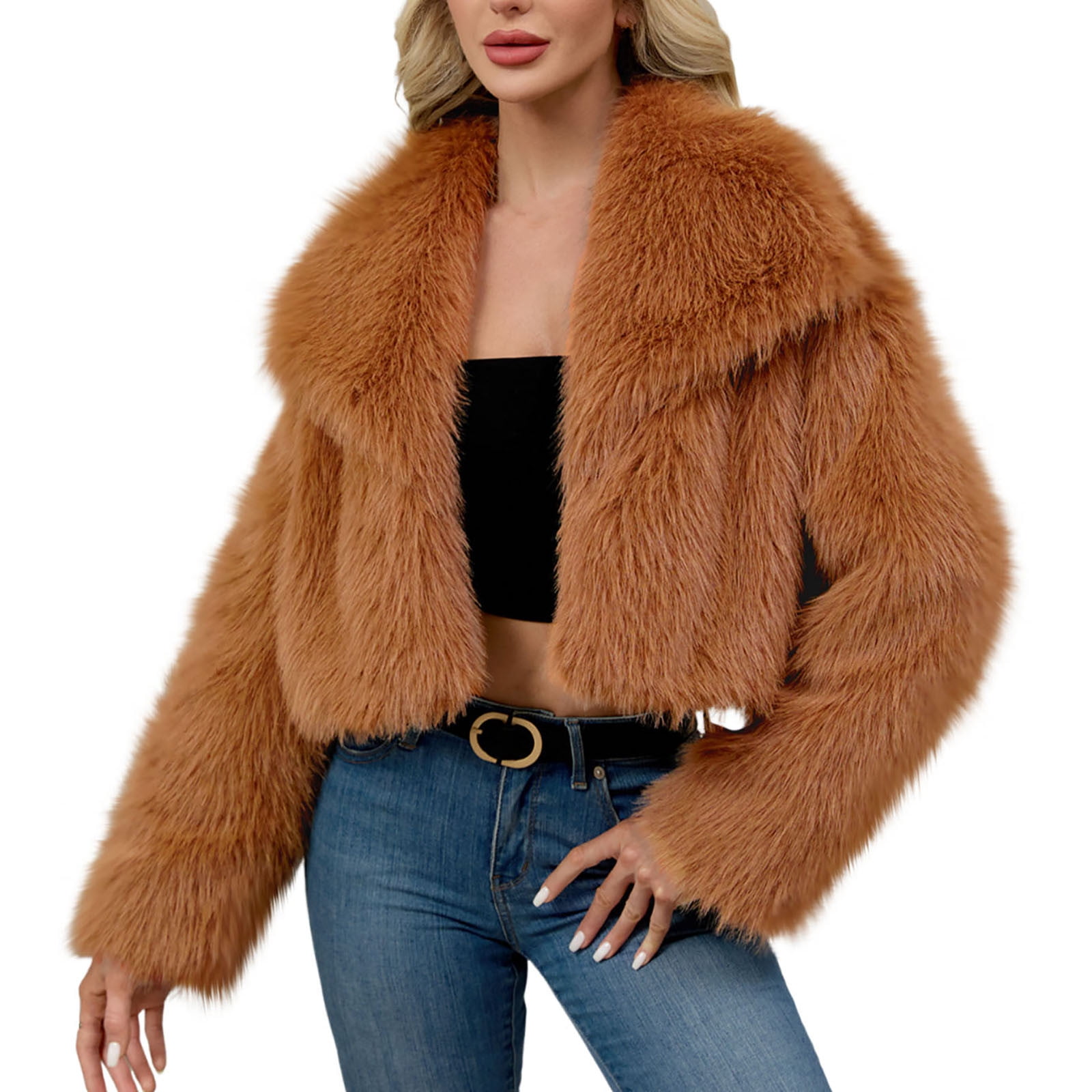 Zpanxa Women's Faux Fur Notch Lapel Coat Double Breasted Plush Long ...