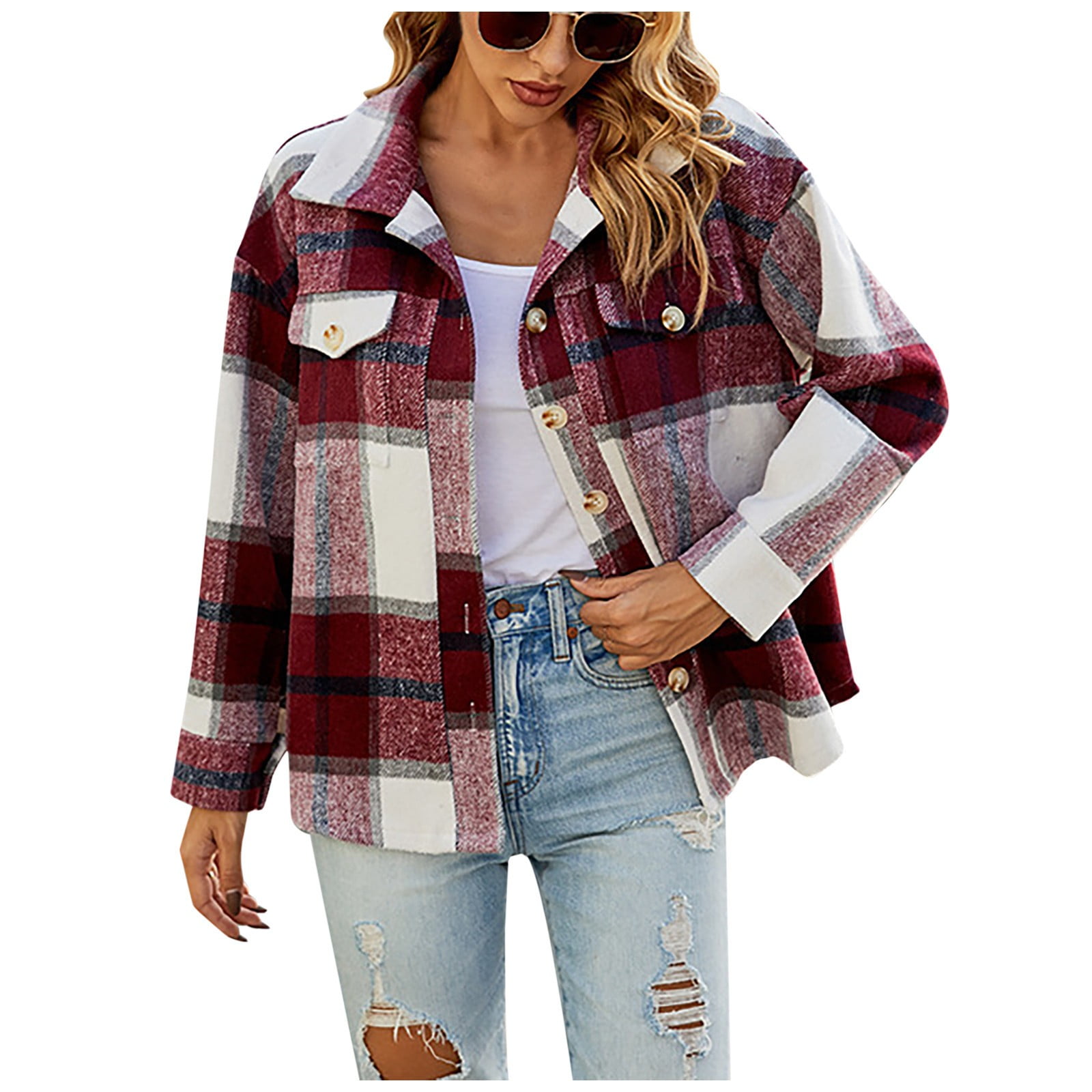 Zpanxa Women's Flannel Plaid Shacket Long Sleeve Button Down Chest ...