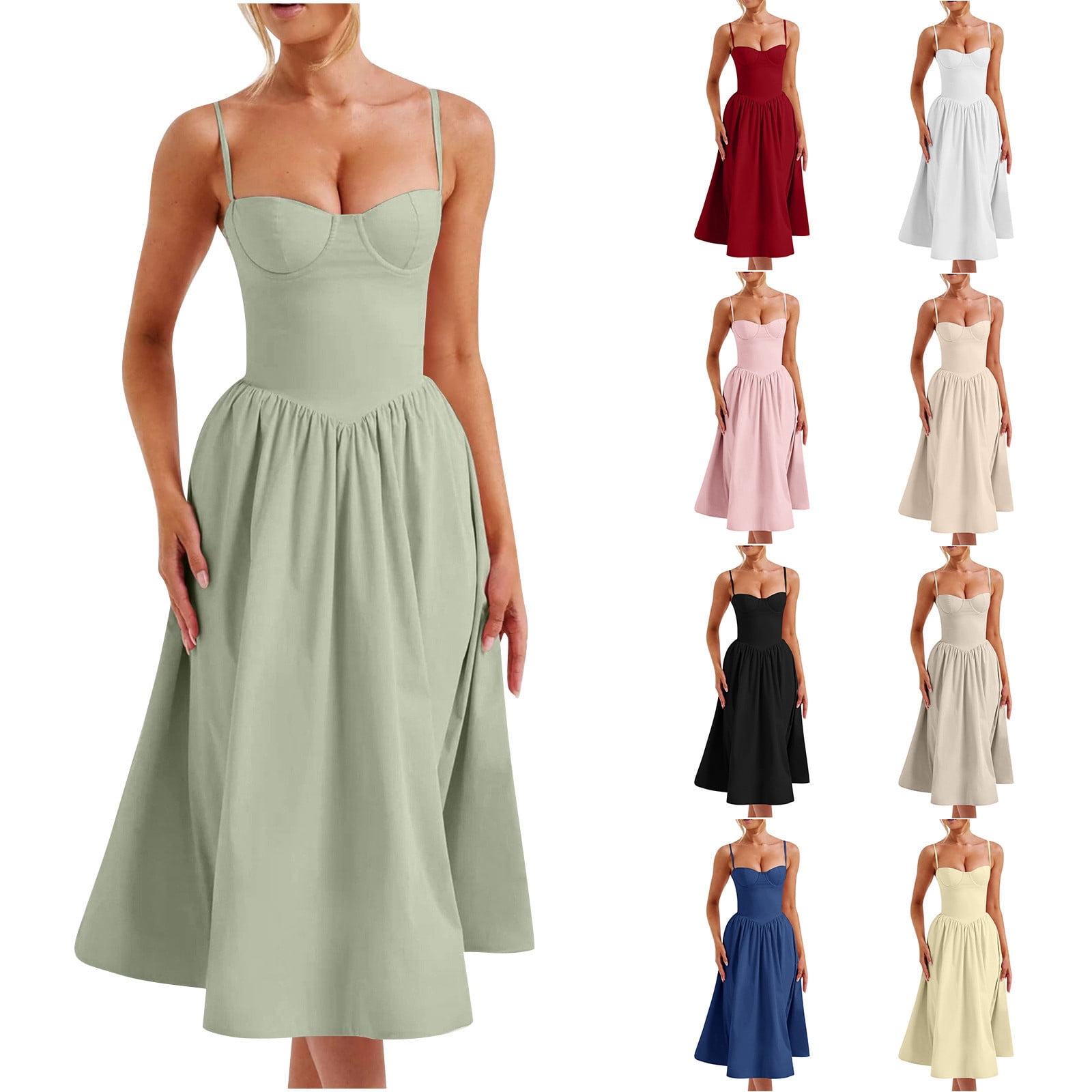 Zpanxa Women's Slim Fit Strappy Dress Solid Color Tie Waist Pleated ...