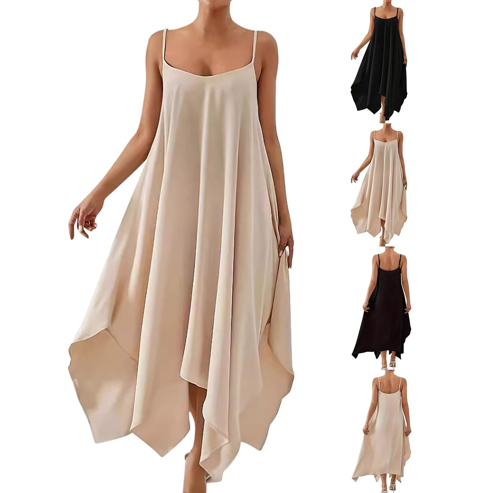 Zpanxa Women's Solid Color Strappy Backless Dress Asymmetrical Hem ...