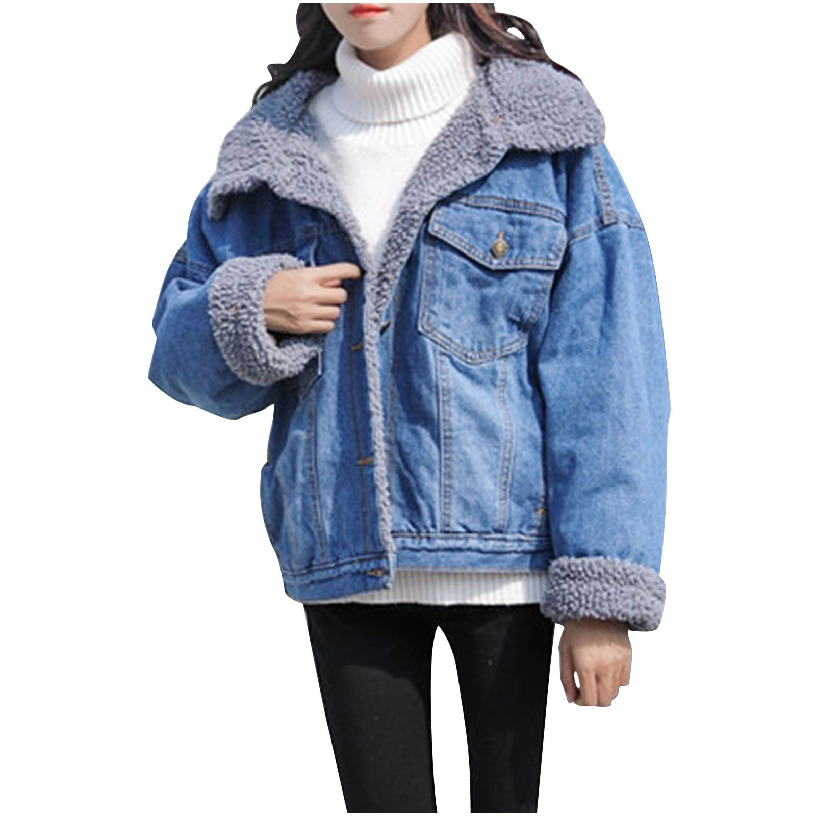 Zpanxa Women's Velvet Denim Jacket Soft Casual Long Sleeve Hooded Loose ...