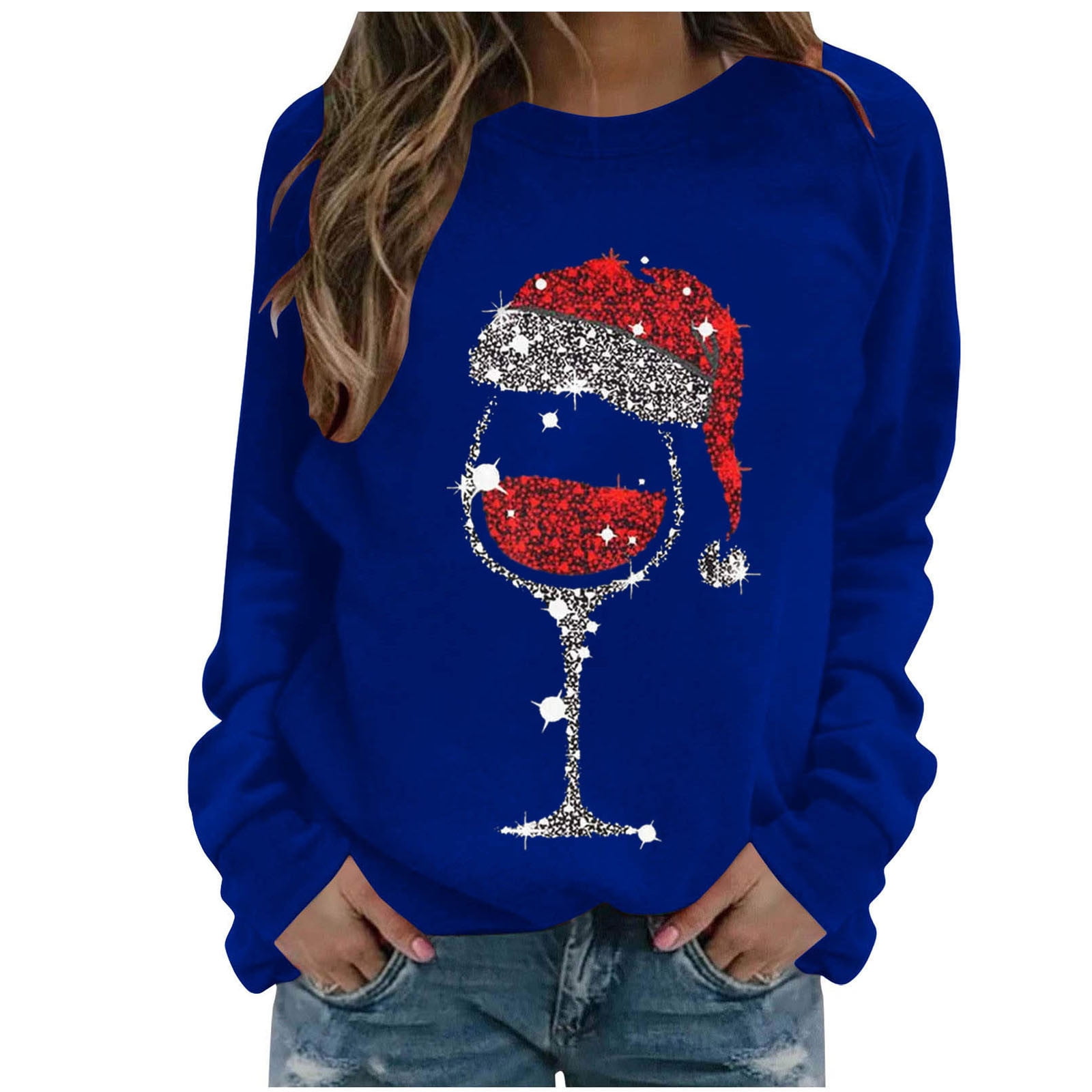Zpanxa Womens Christmas Sweatshirt Red Wine Glass Santa Hat Graphic ...