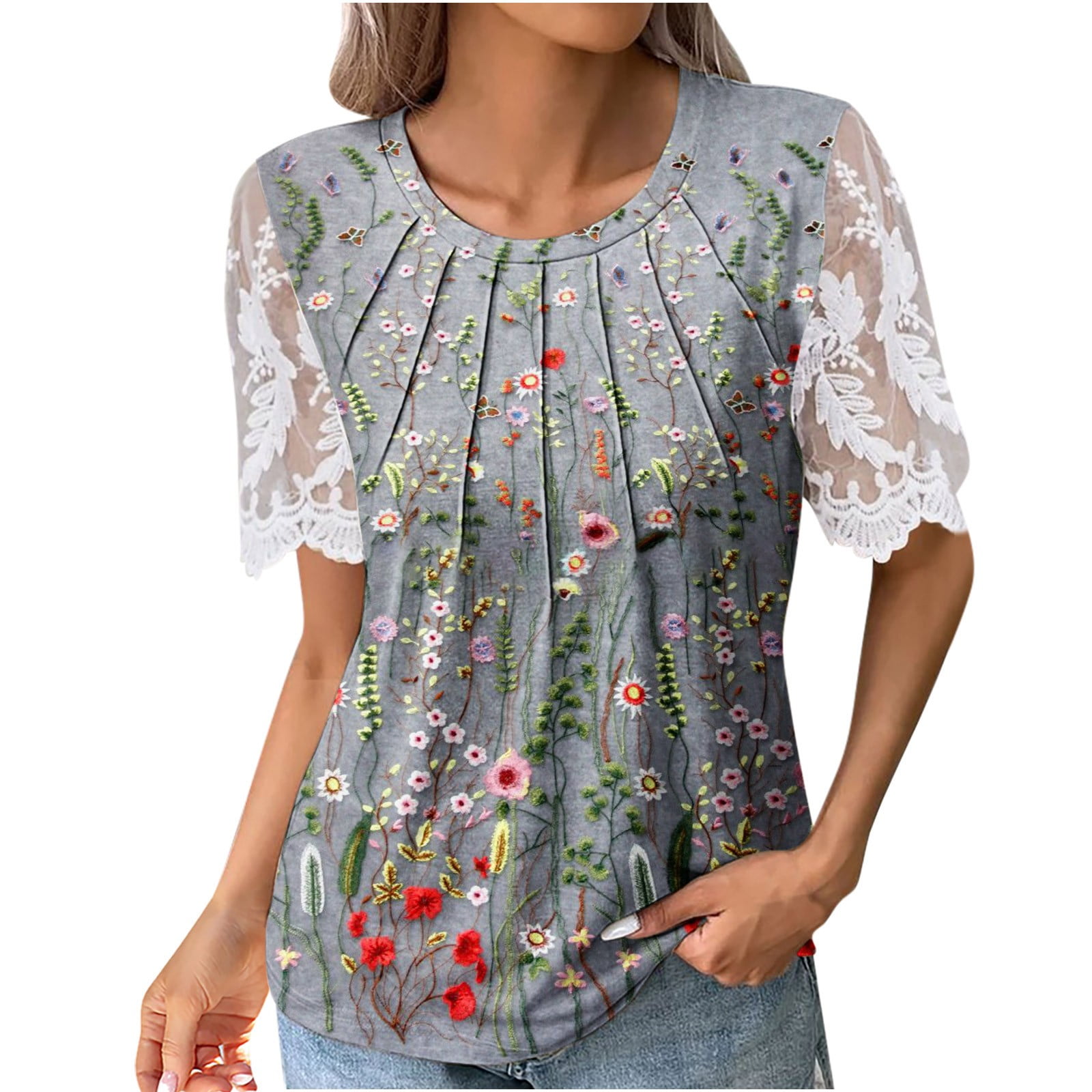 Zpanxa Womens Summer Tops, Women's Fashion Printed T-shirt Lace Short ...