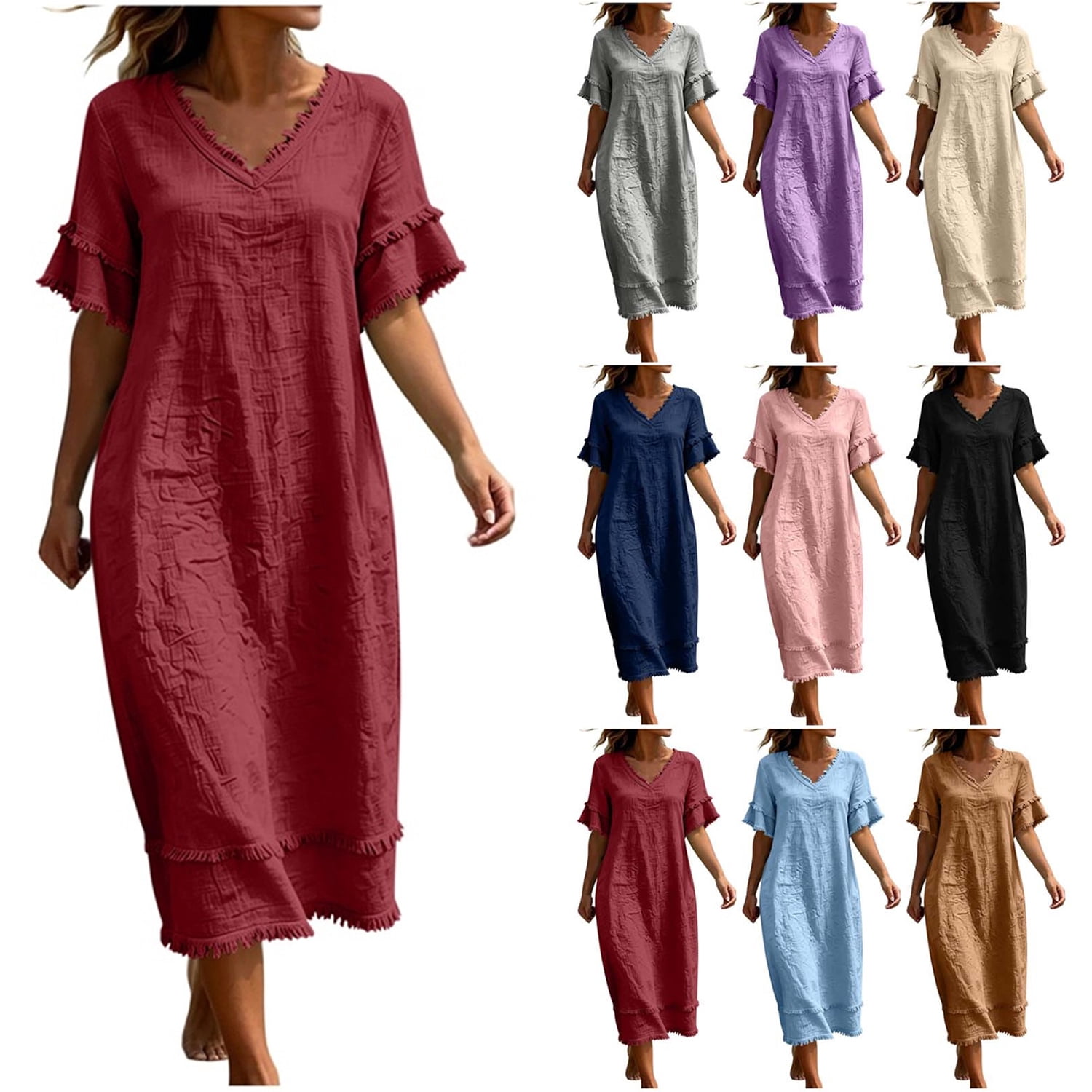 Zpzdpjkx Summer Beach Vacation Tunic Dresses for Women V Neck Fringe ...