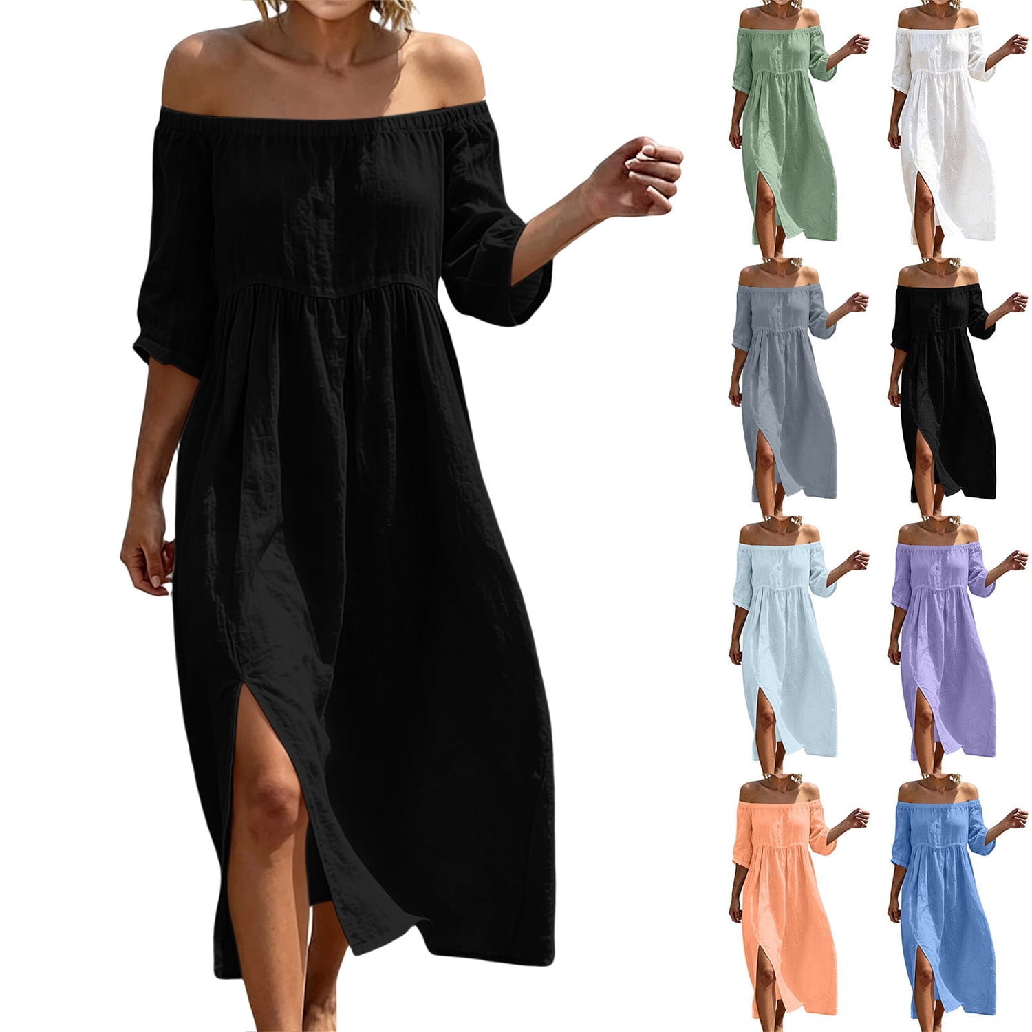 Zpzdpjkx Women's Cotton Linen Off-Shoulder Dress, Trendy Casual Side ...