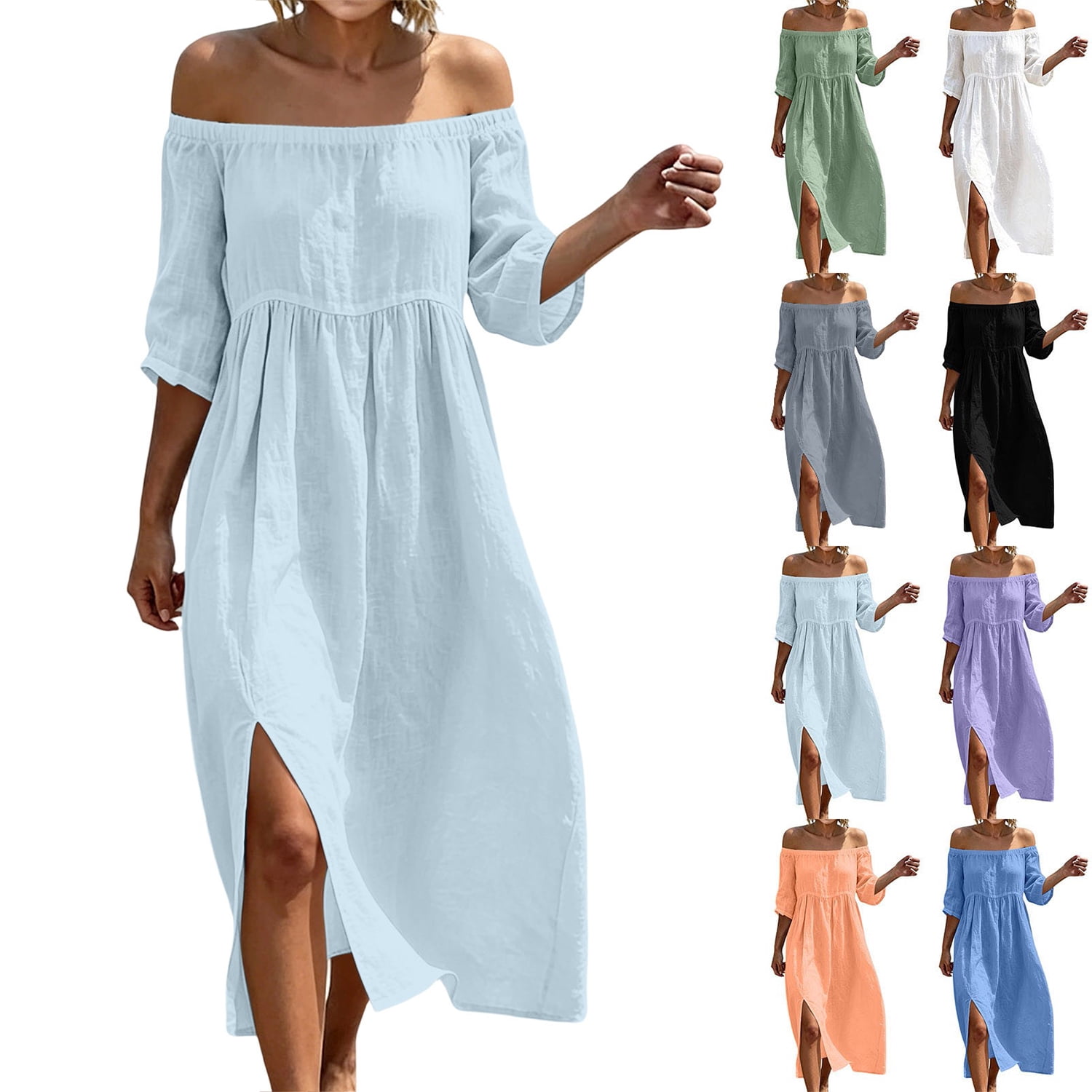 Zpzdpjkx Women's Cotton Linen Off-Shoulder Dress, Trendy Casual Side ...