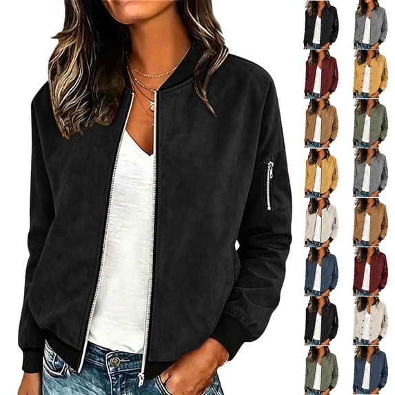 Zpzdpjkx Women's Faux Suede Bomber Jacket Fashion Ribbed Trim Snap ...