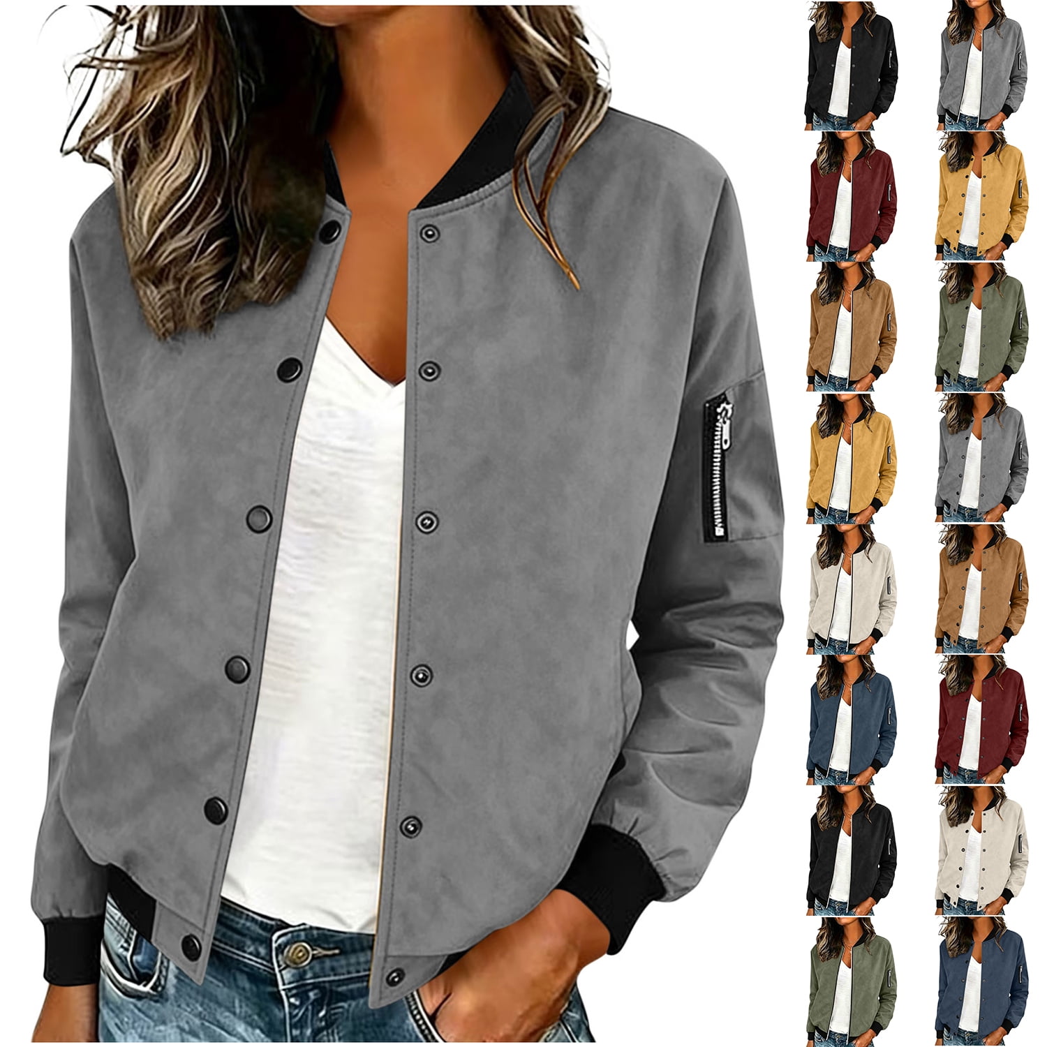 Zpzdpjkx Women's Faux Suede Bomber Jacket Fashion Ribbed Trim Snap ...