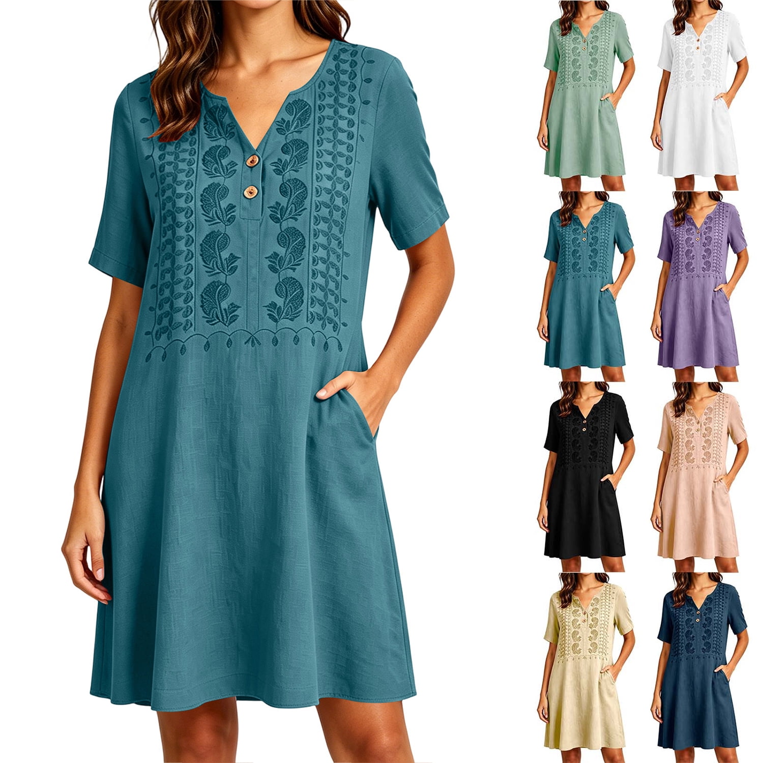 Zpzdpjkx Women's Linen Embroidered Tunic Dress V-Neck Short Sleeve ...