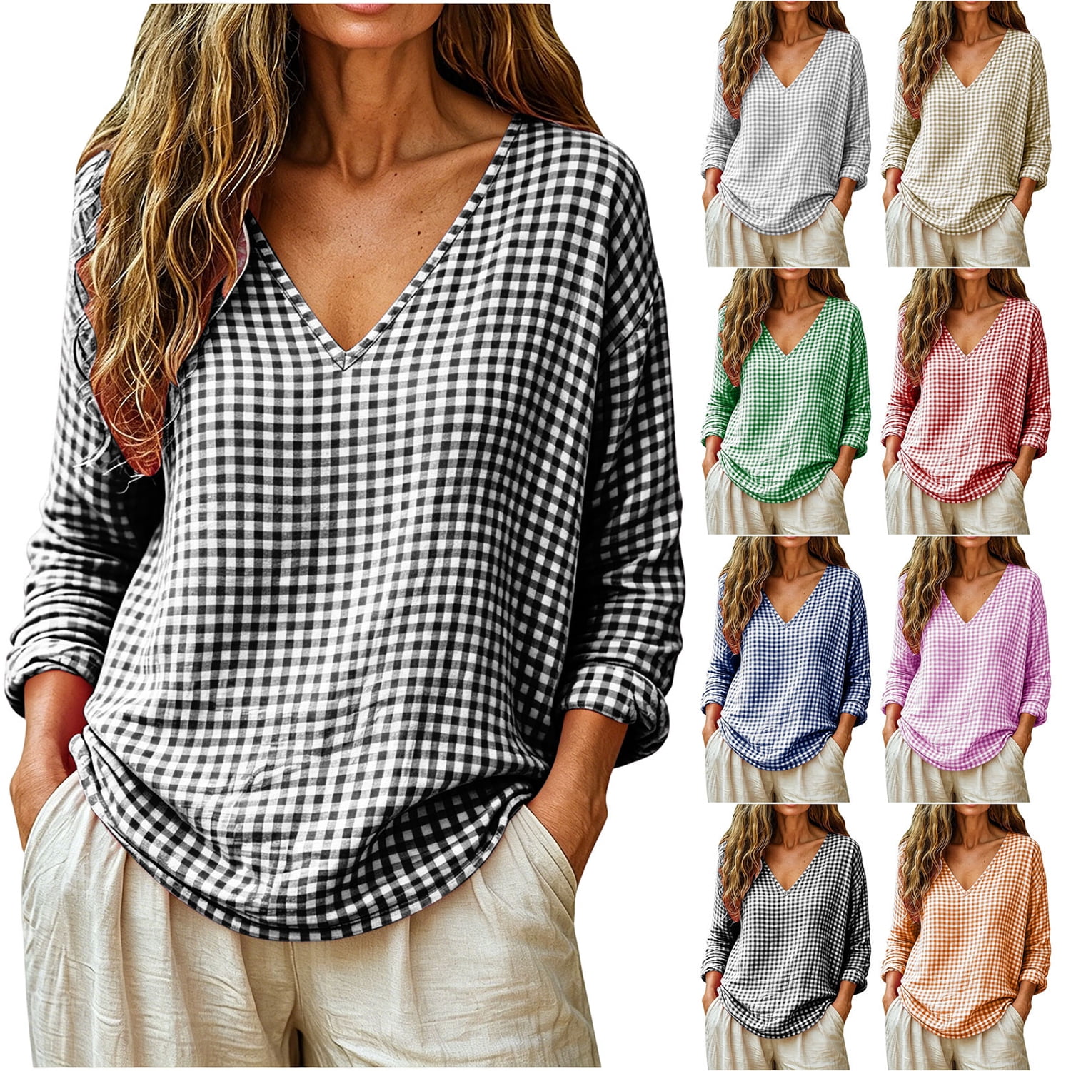 Zpzdpjkx Women's Plaid V Neck Long Sleeve Tops Summer Shirts Curved Hem ...