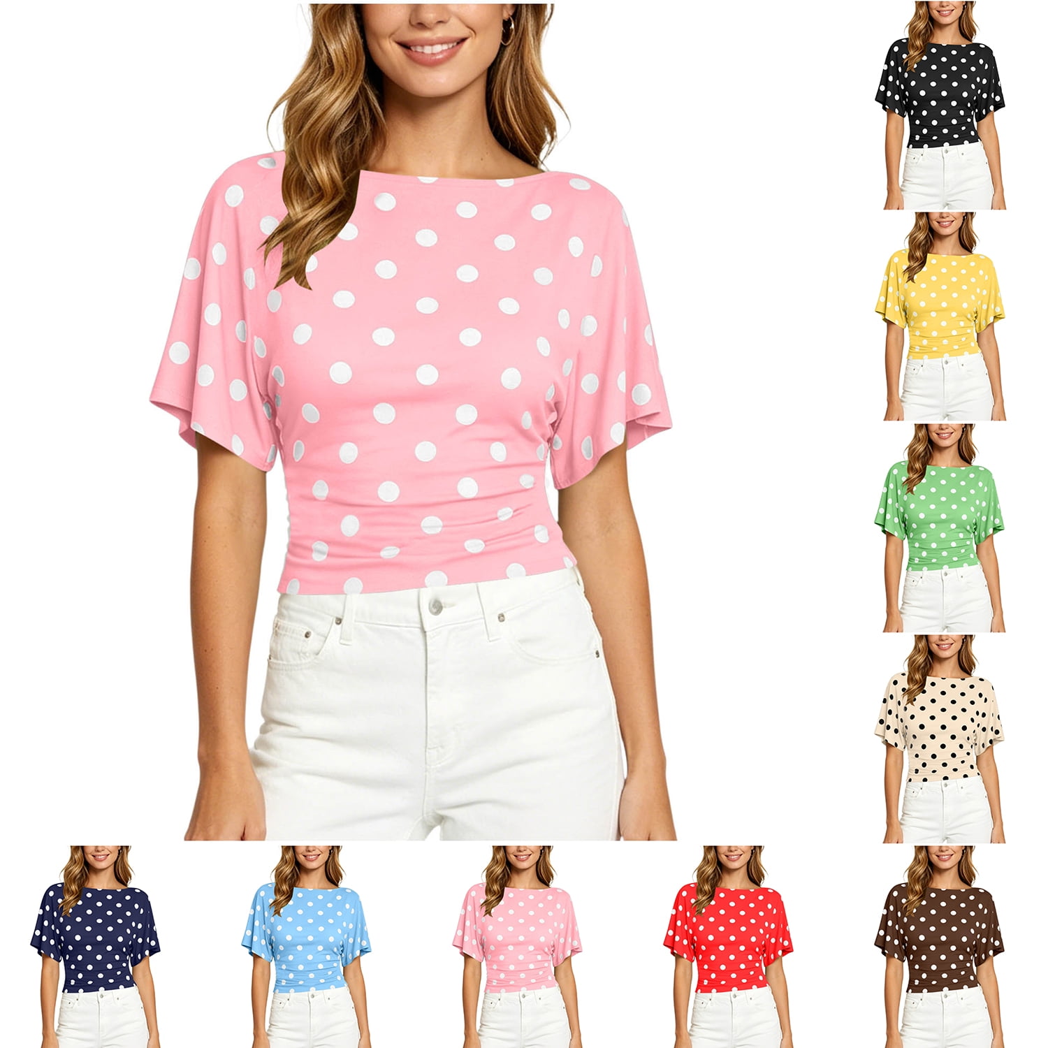 Zpzdpjkx Women's Polka Dots Boat Neck Short Sleeve Top, Back Tie Waist ...