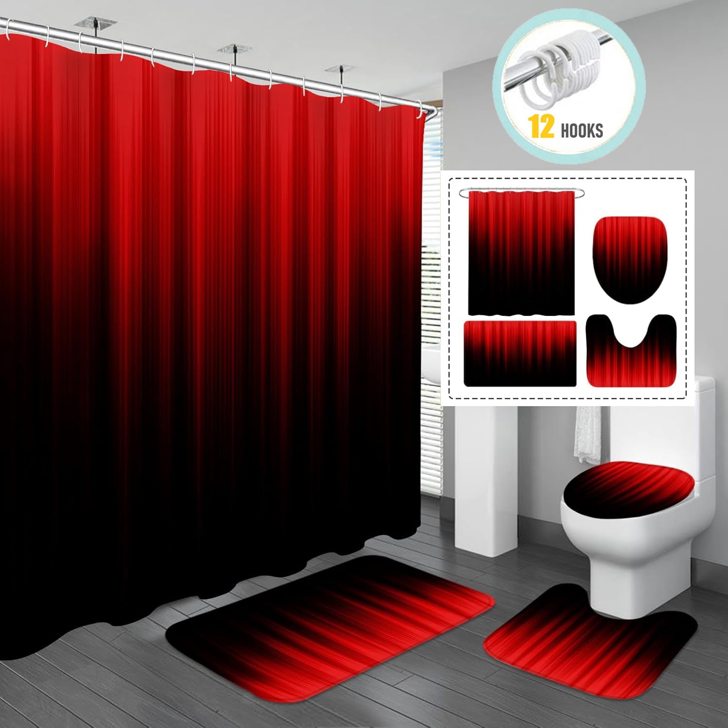 Zrodlmo Gradient Shower Curtains and Bath Rug Set, 16pc Washable Modern ...