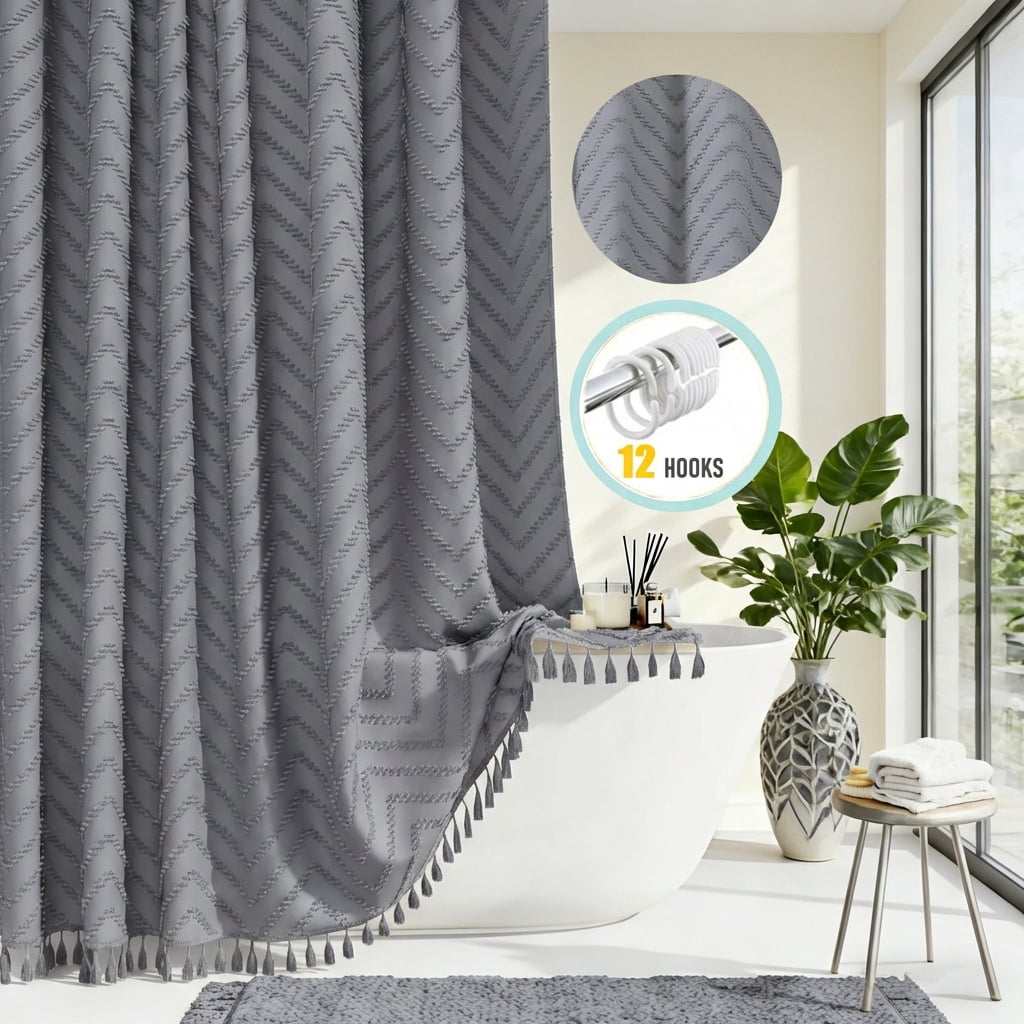 Zrodlmo Boho Chevron Textured Fabric Shower Curtain with Hooks, Mildew ...