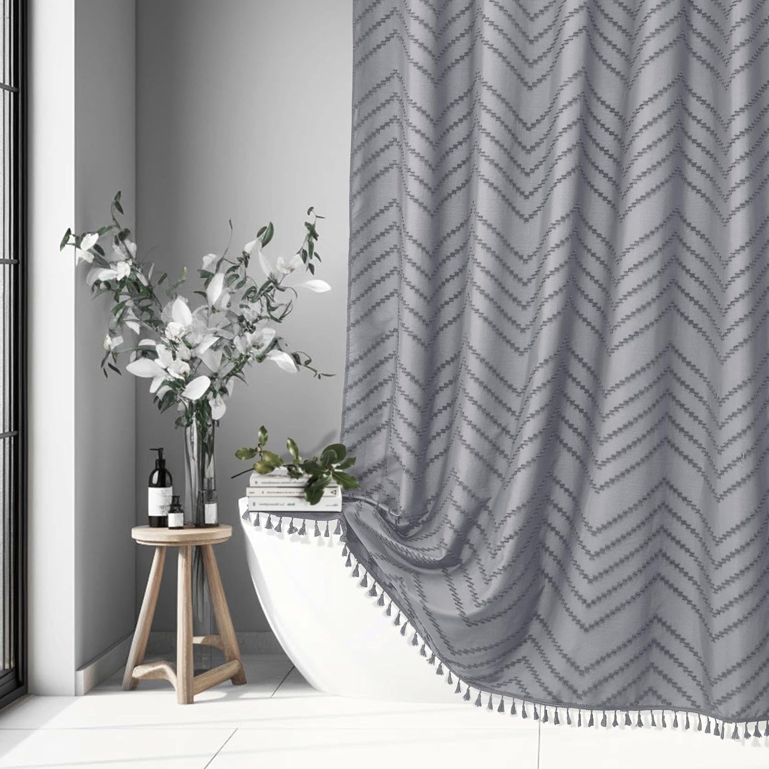 Zrodlmo Boho Chevron Textured Fabric Shower Curtain with Hooks, Mildew ...