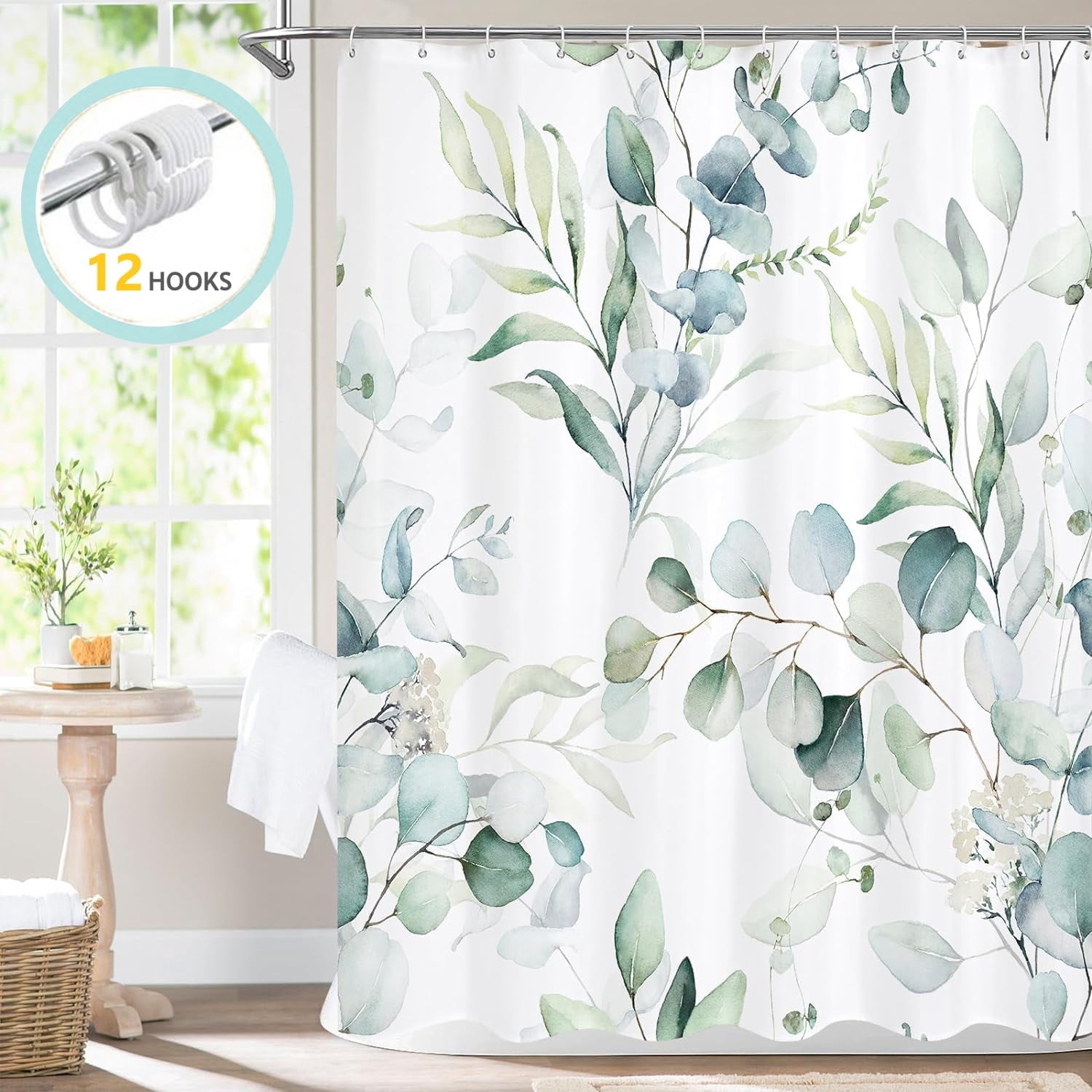 "Zrodlmo Floral Fabric Shower Curtain, Botanical Eucalyptus Leaves ...