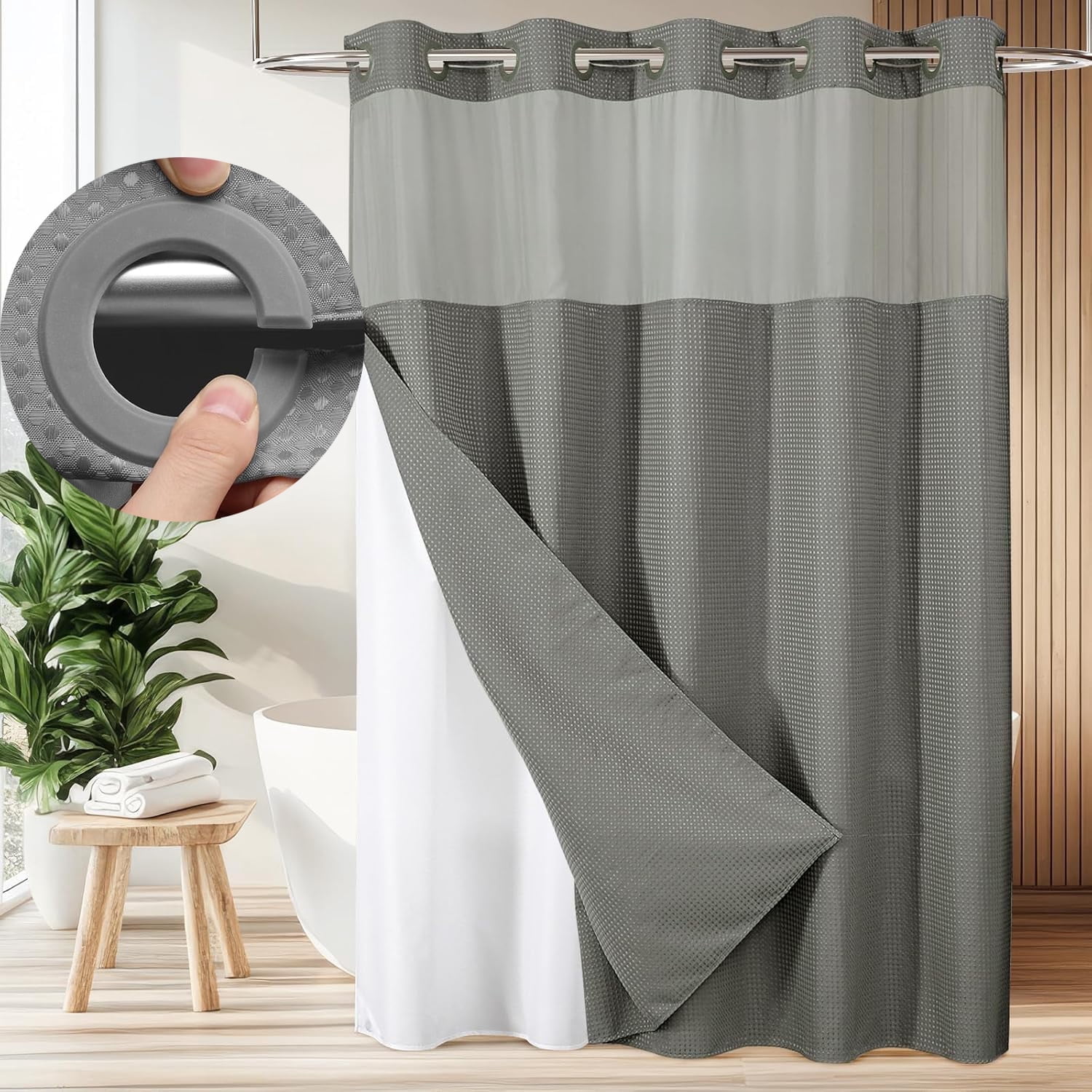 Zrodlmo No Hook Fabric Shower Curtain with Snap Lining, Waffle ...