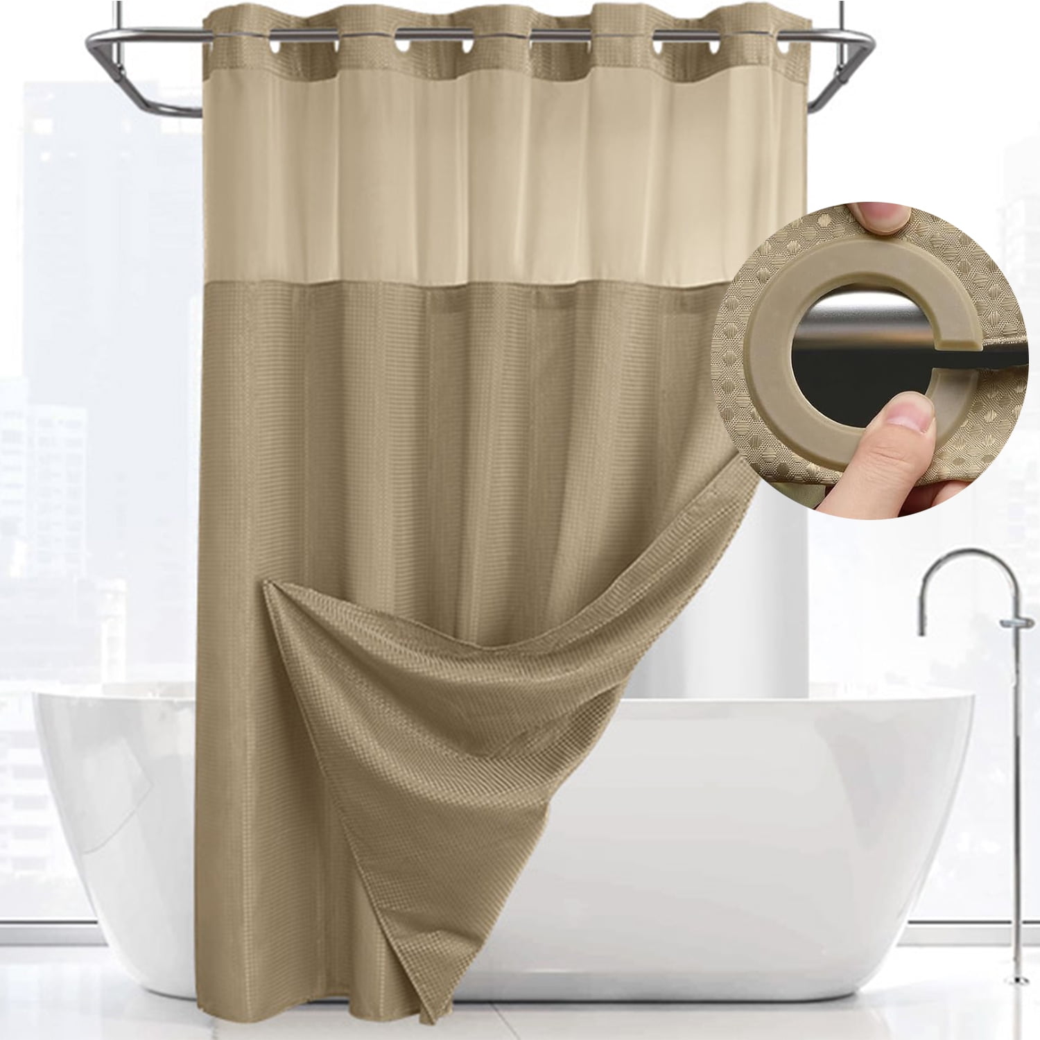 Zrodlmo No Hook Fabric Shower Curtain with Snap Lining, Waffle ...