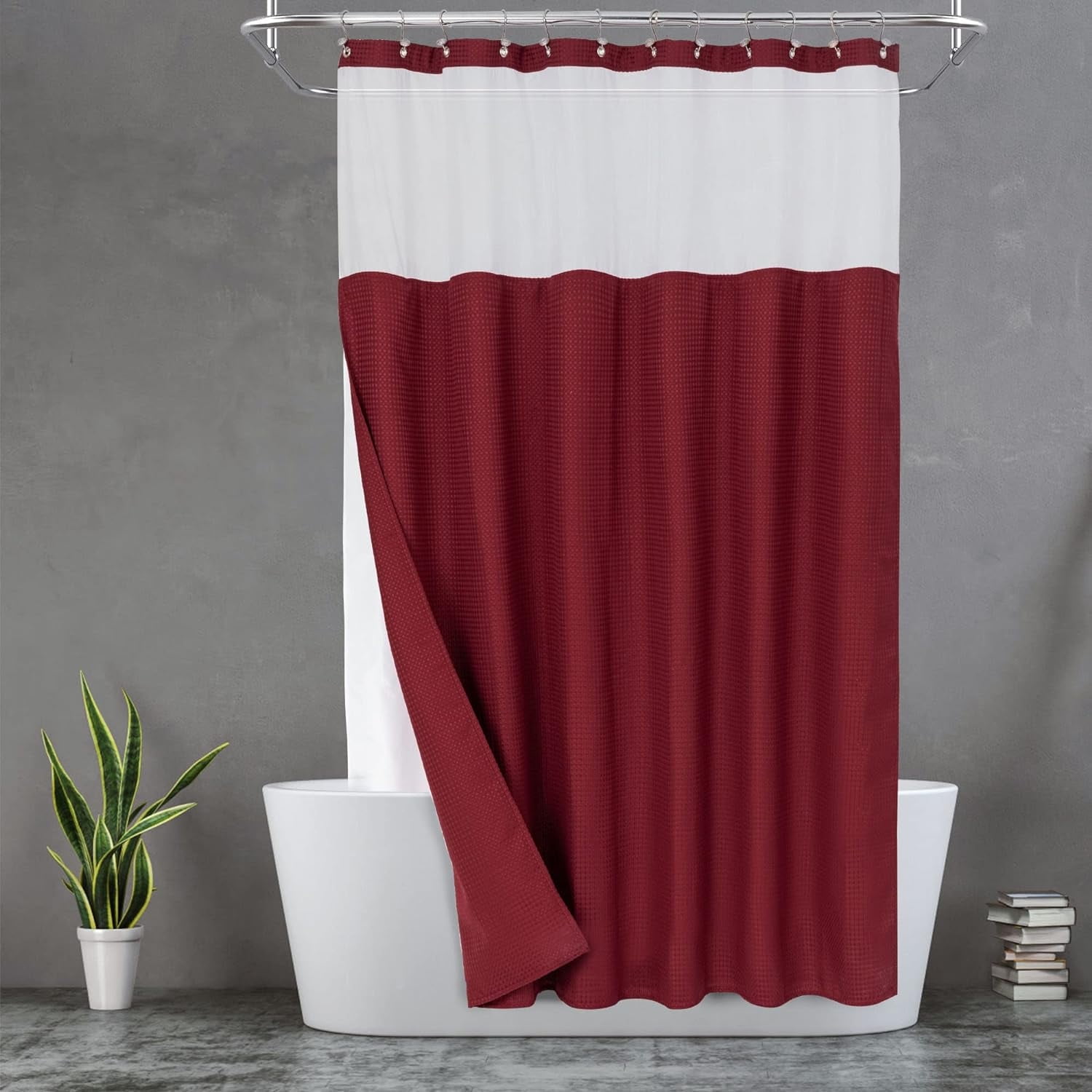 Zrodlmo No Hook Fabric Shower Curtain with Snap Lining, Waffle Water ...