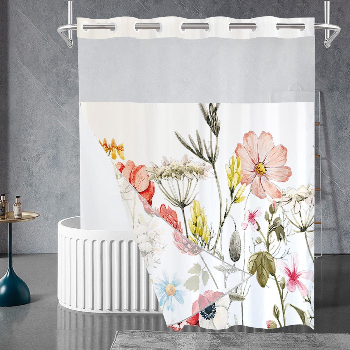 Zrodlmo No Hook Fabric Shower Curtain with Snap-in Liner, Modern Floral ...