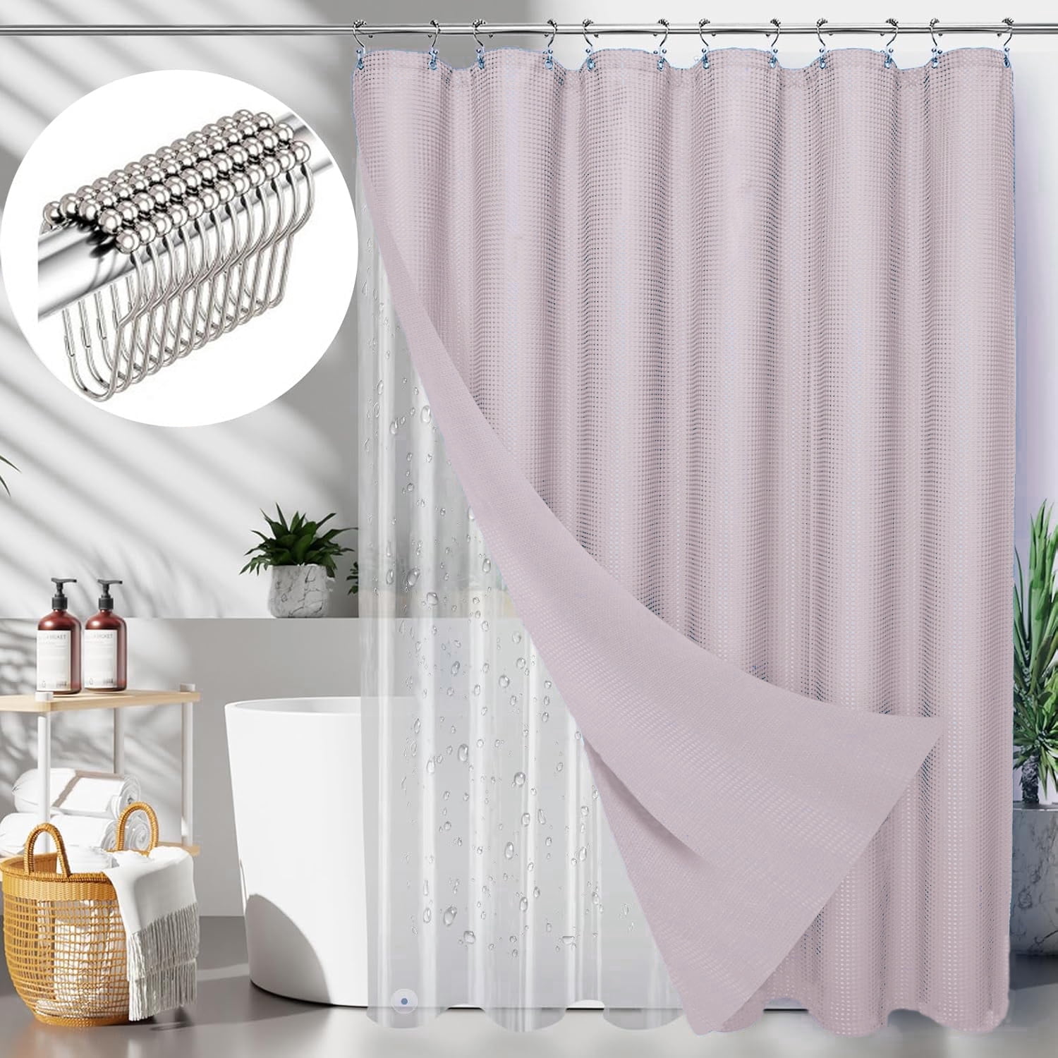Zrodlmo Waffle Fabric Shower Curtain and Liners Sets with Hooks, Mildew ...