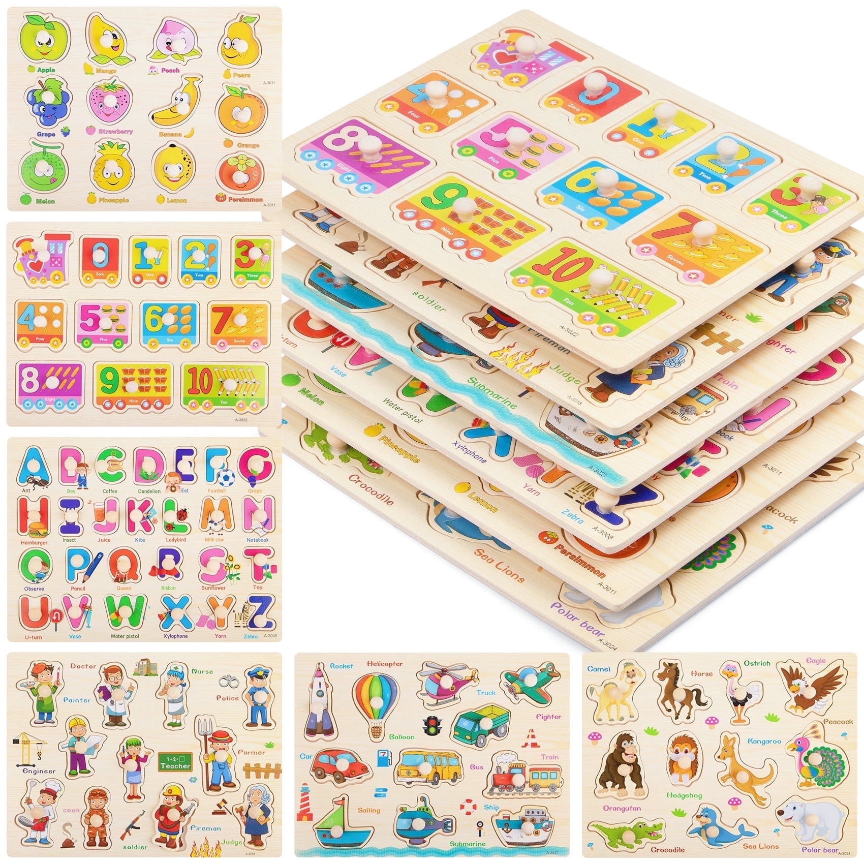 Zsiparty Wooden Peg Puzzles for Kids, 6 Pack 11.8 X 8.9 inch Preschool ...