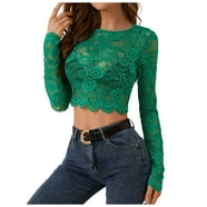 MODA NOVA Junior's Round Neck Long Sleeve Semi Sheer Floral Lace Blouse ...