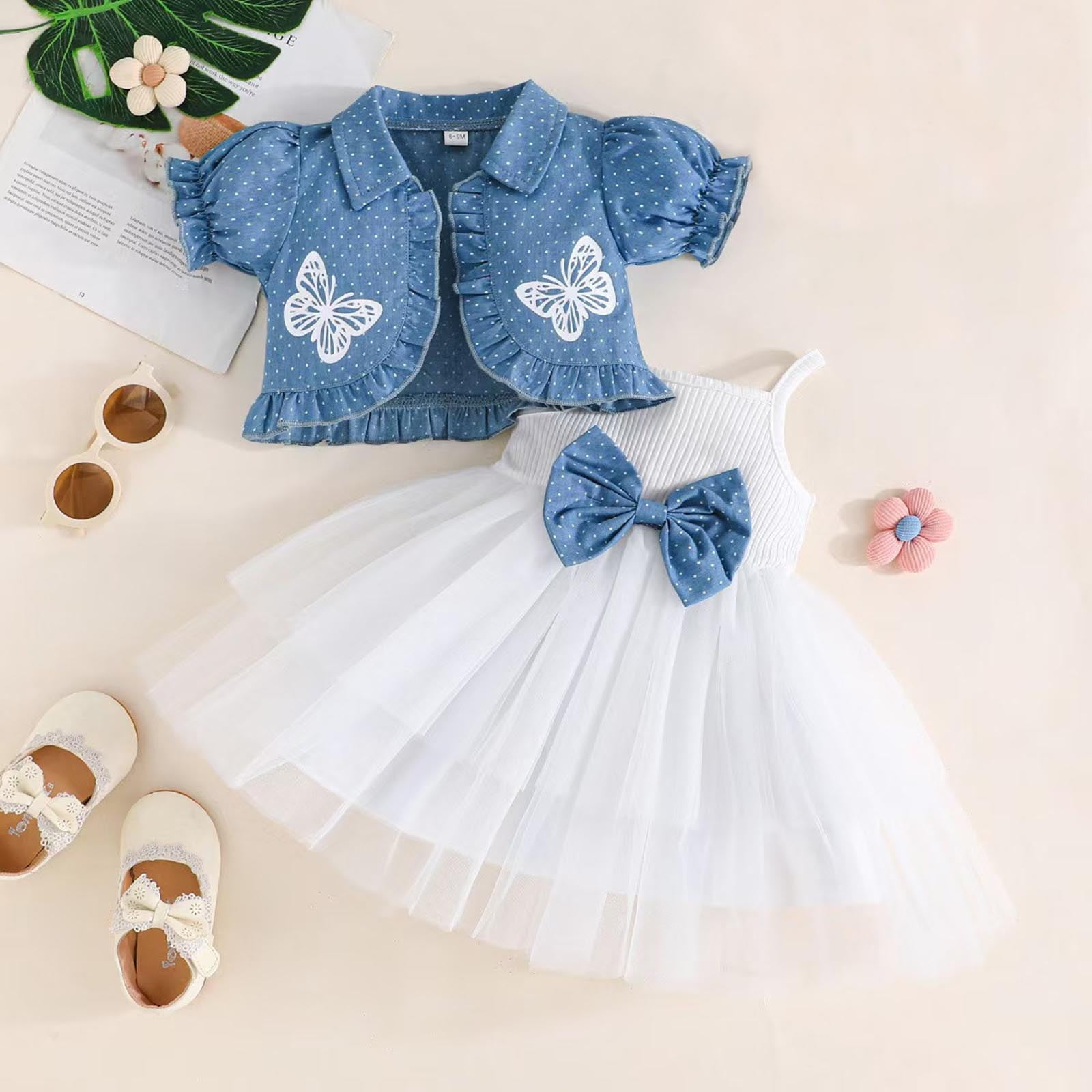 Zszcpp Girls Dress Set 2025 Summer Outfits Set 2Pc Butterfly Dot Print ...