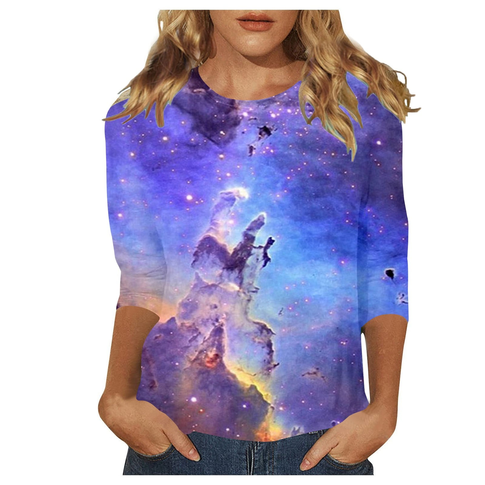 Zszcpp Going Out Tops For Women Print Baggy Three Quarter Sleeve Cosmic ...