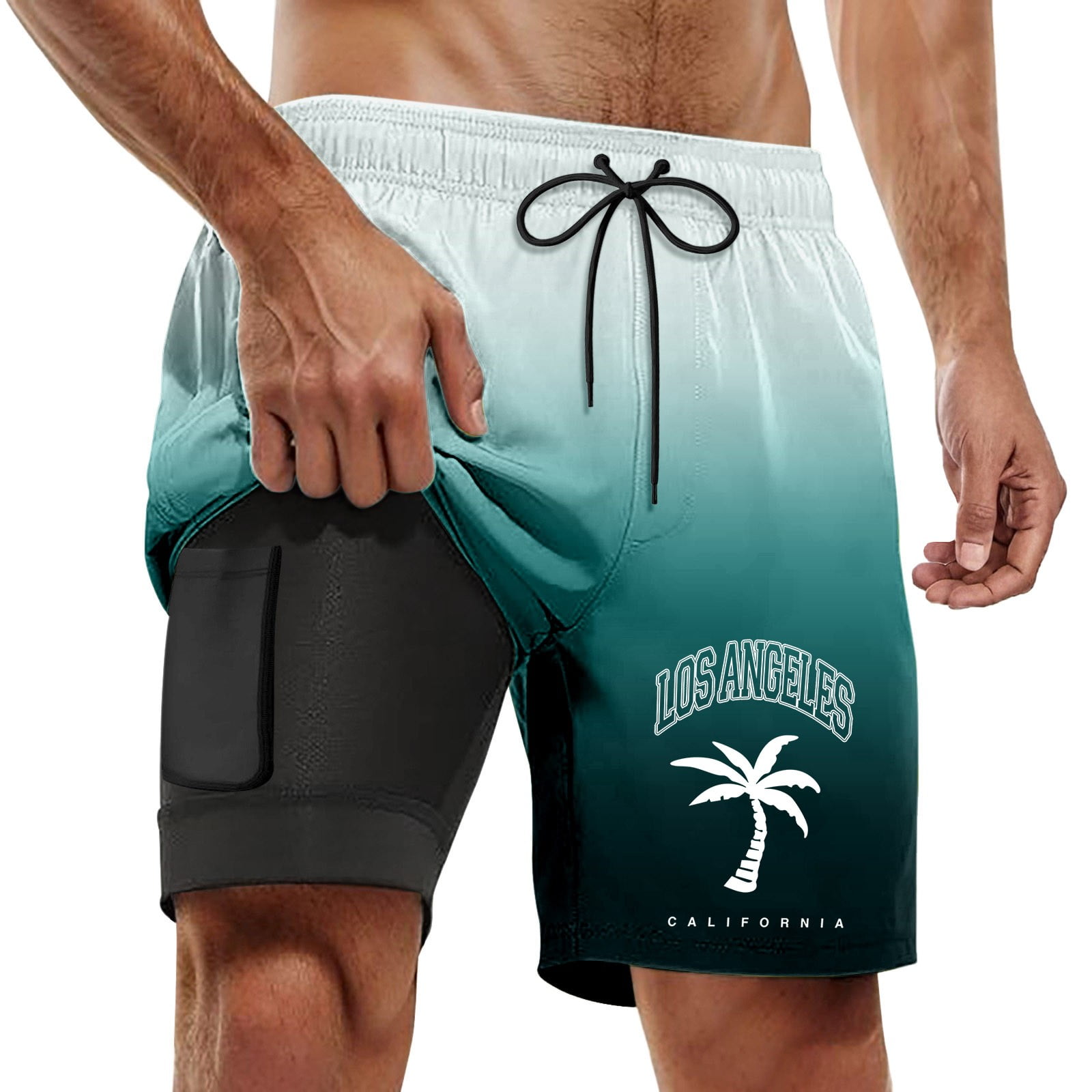 Zszcpp High Waisted Shorts Men Swim Trunks Double Layer Drawstring Plus ...
