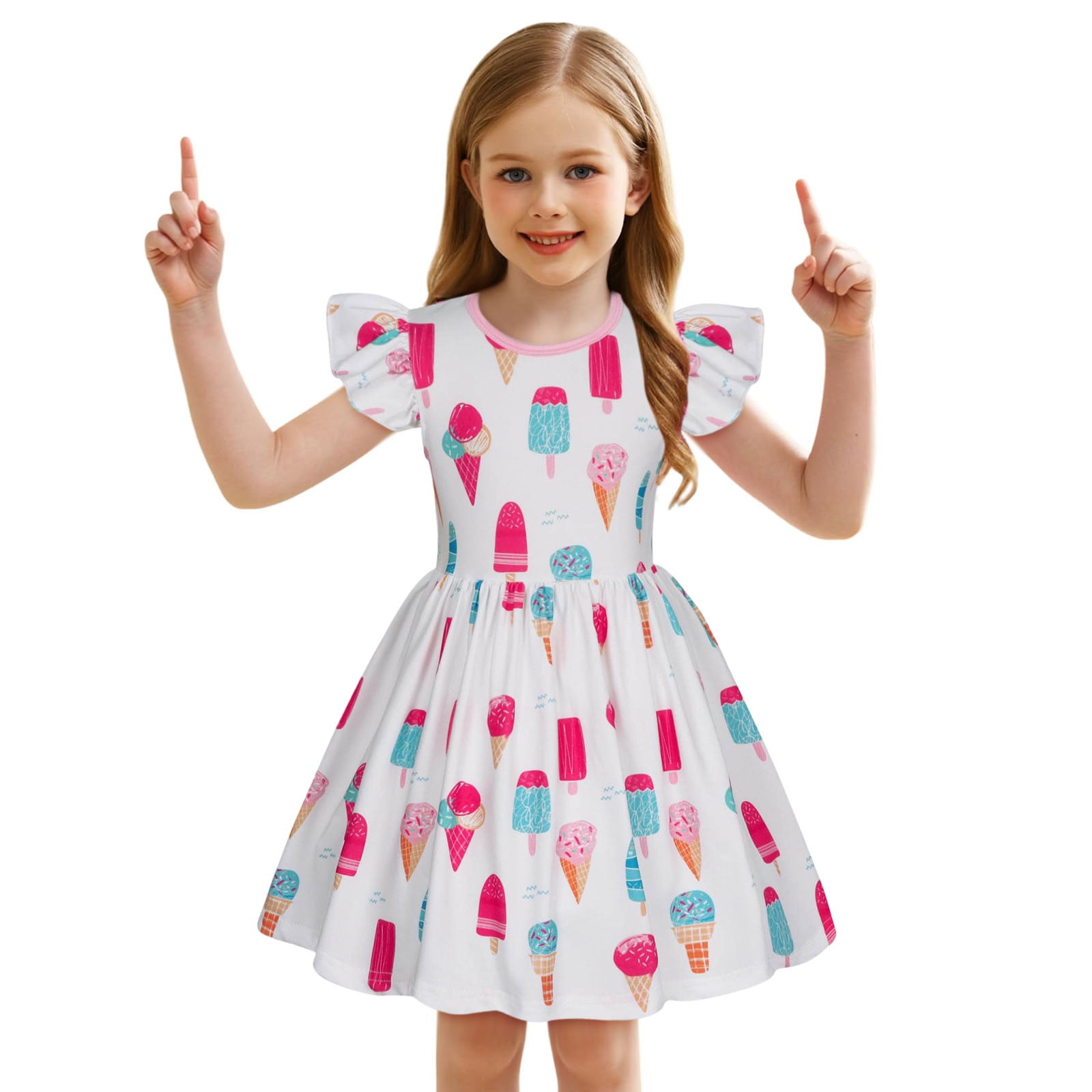 Zszcpp Mini Dresses For Toddler Girls Easter Cartoon Ice Cream Print Flutter Fly Sleeve Round ...