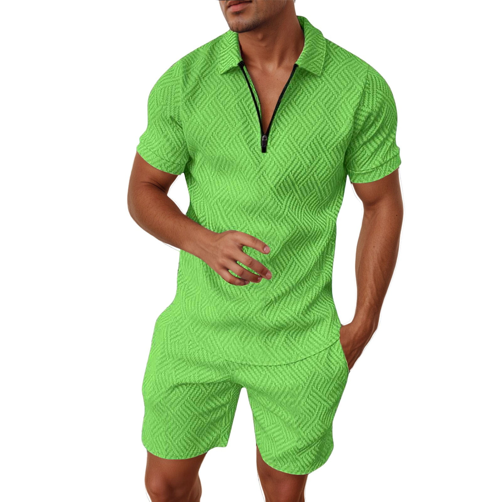 Zszcpp Outfit For Men Shorts Set Polo Plus Size Striped Print Zipper ...