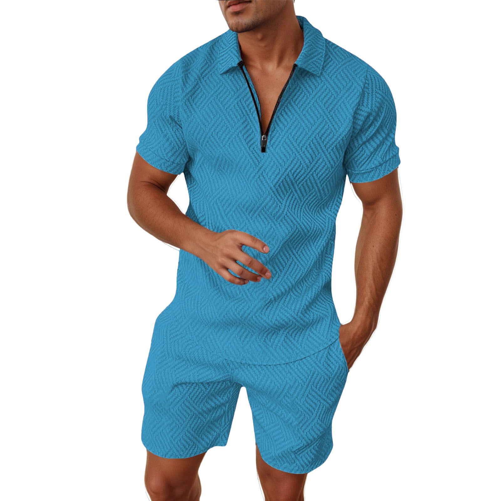 Zszcpp Outfit For Men Shorts Set Polo Plus Size Striped Print Zipper ...