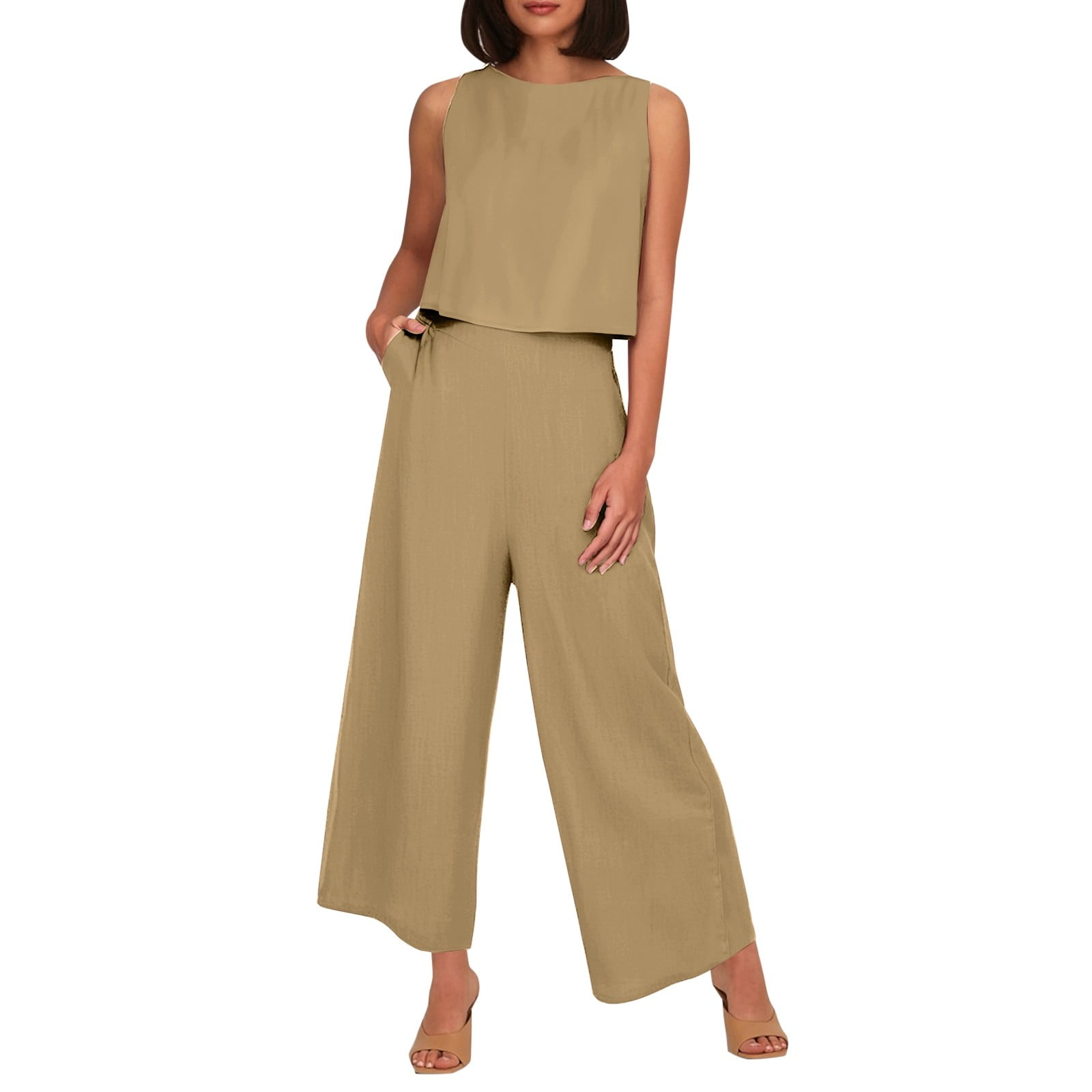 Zszcpp Outfit For Women Pants Set Solid Cotton Linen Sleeveless Crop ...