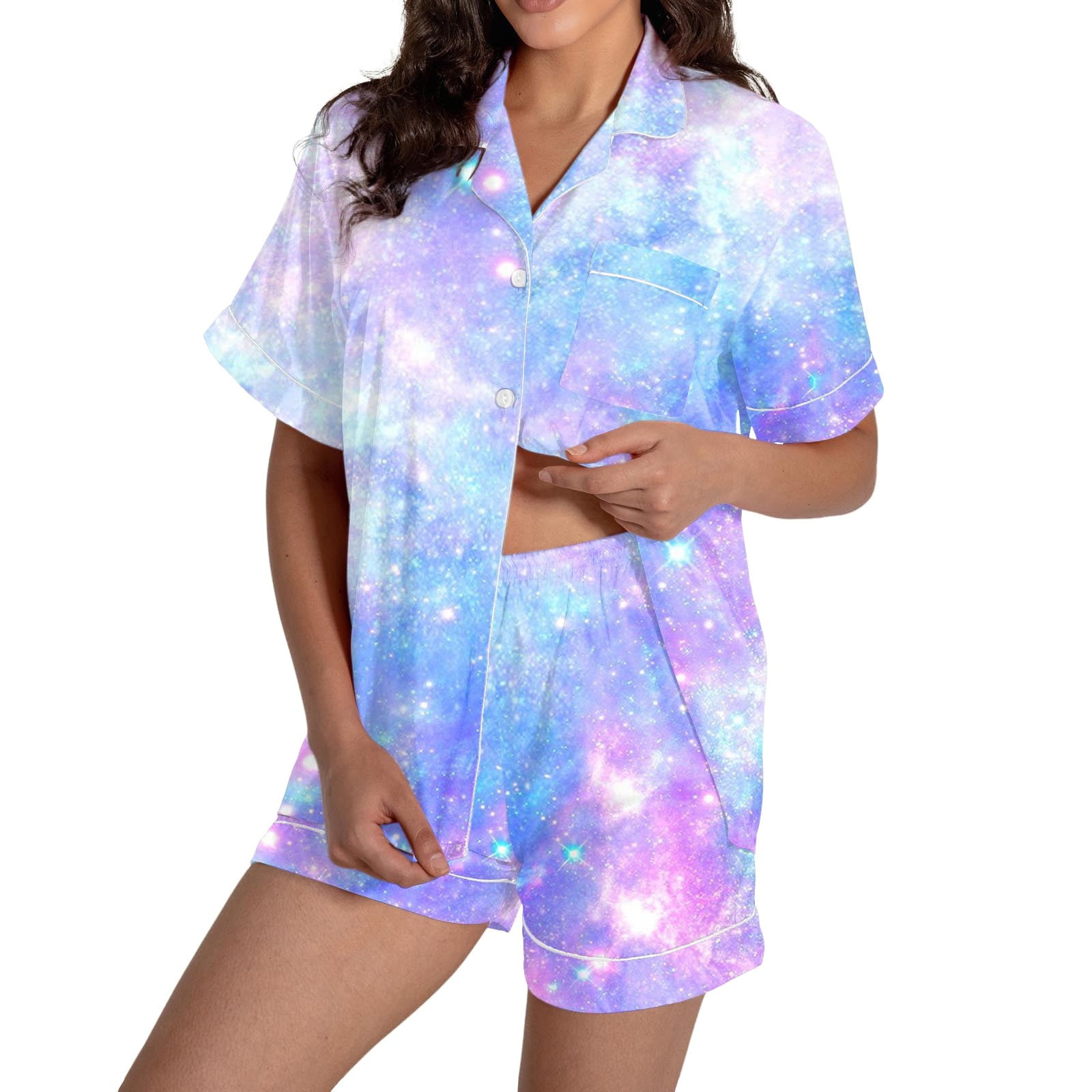 Zszcpp Pajama Sets For Women 2 Piece Outfits Button Galaxy Short Sleeve Silk Satin Starry Sky ...