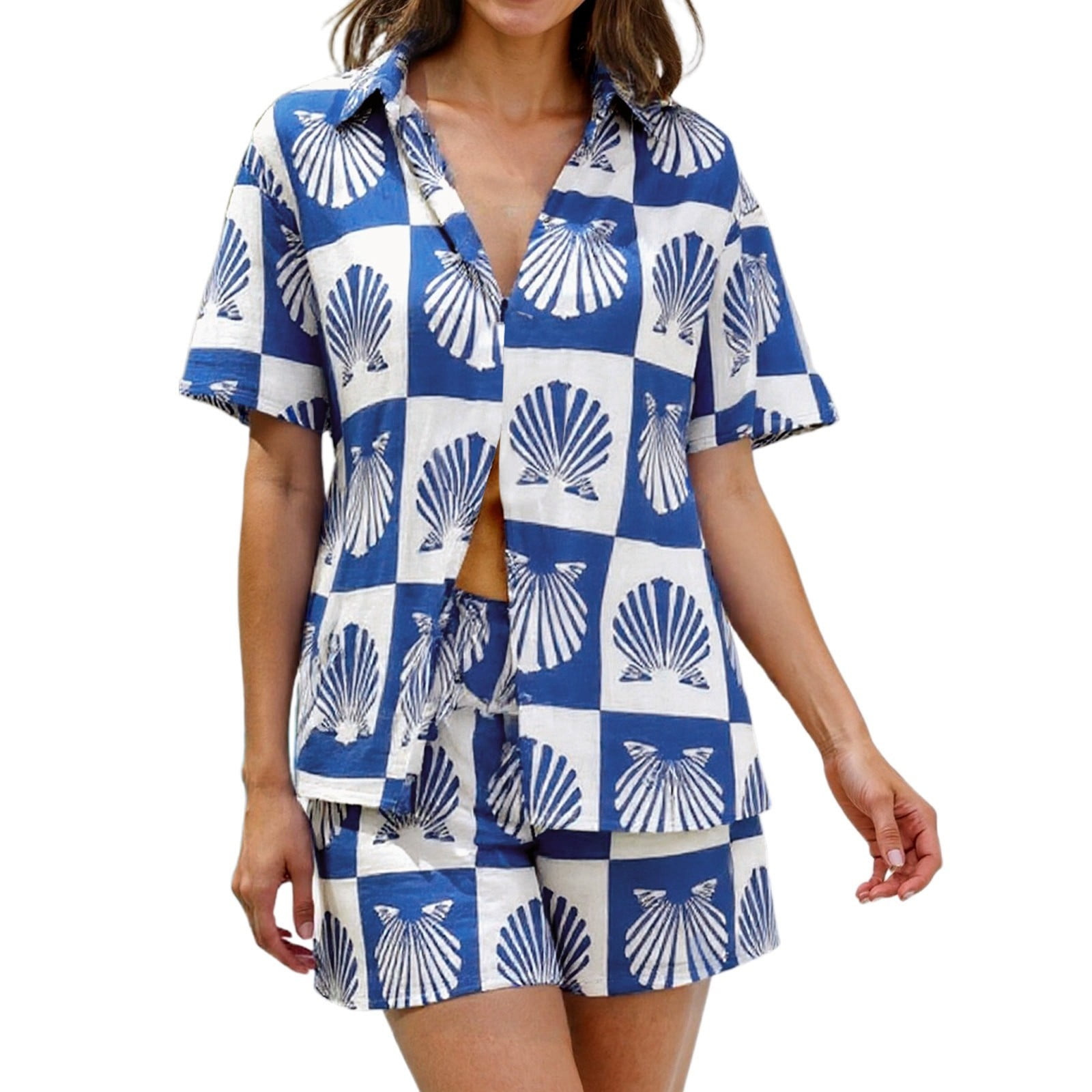 Zszcpp Shorts Set For Women Outfits Sets Scallop Print Thin Refreshing ...