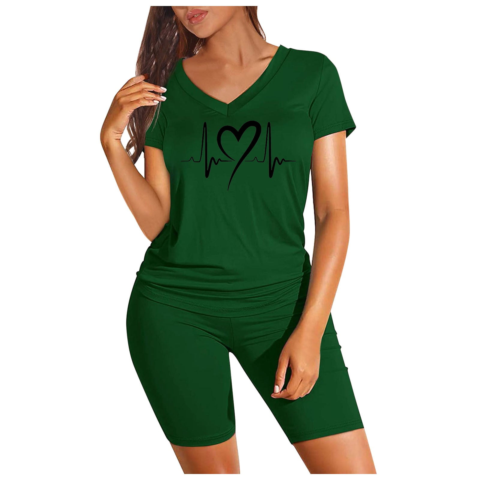 Zszcpp Shorts Sets Women 2 Piece Outfits Sportive Short Sleeve V Neck ...