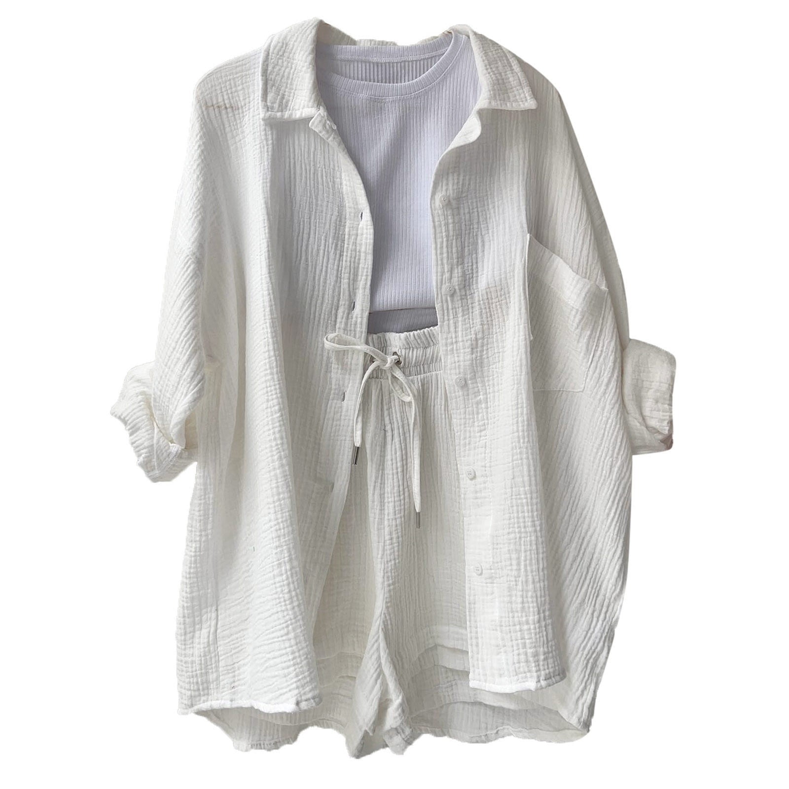 Zszcpp Shorts Sets Women Outfits Solid Leisure Long Sleeve Lapel High ...